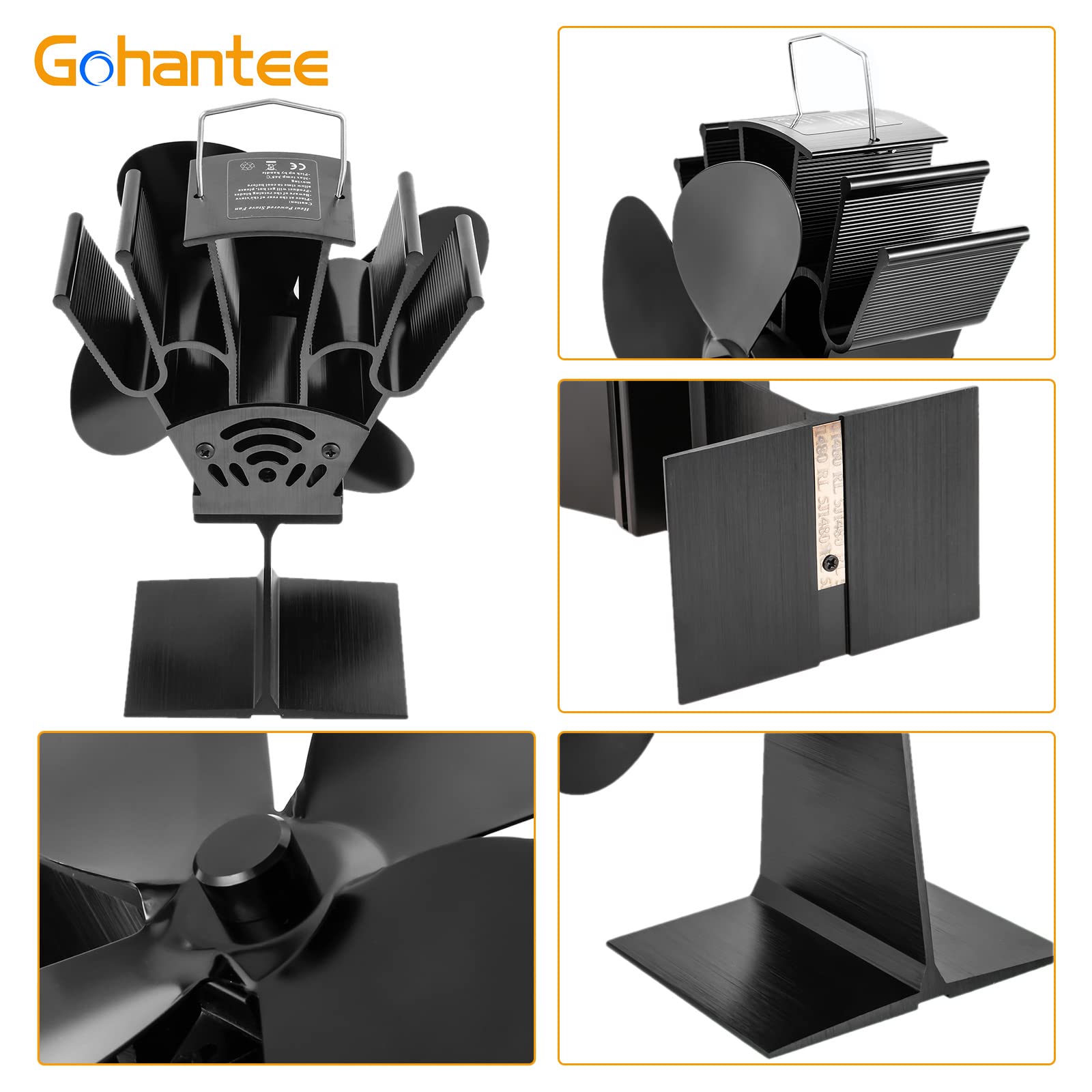 Wood Stove Fan Heat Powered Stove Fan with Thermometer, 4-Blade Fan Start Silent for Wood Fireplace Log Burner Increases Warm Friendly and Efficient