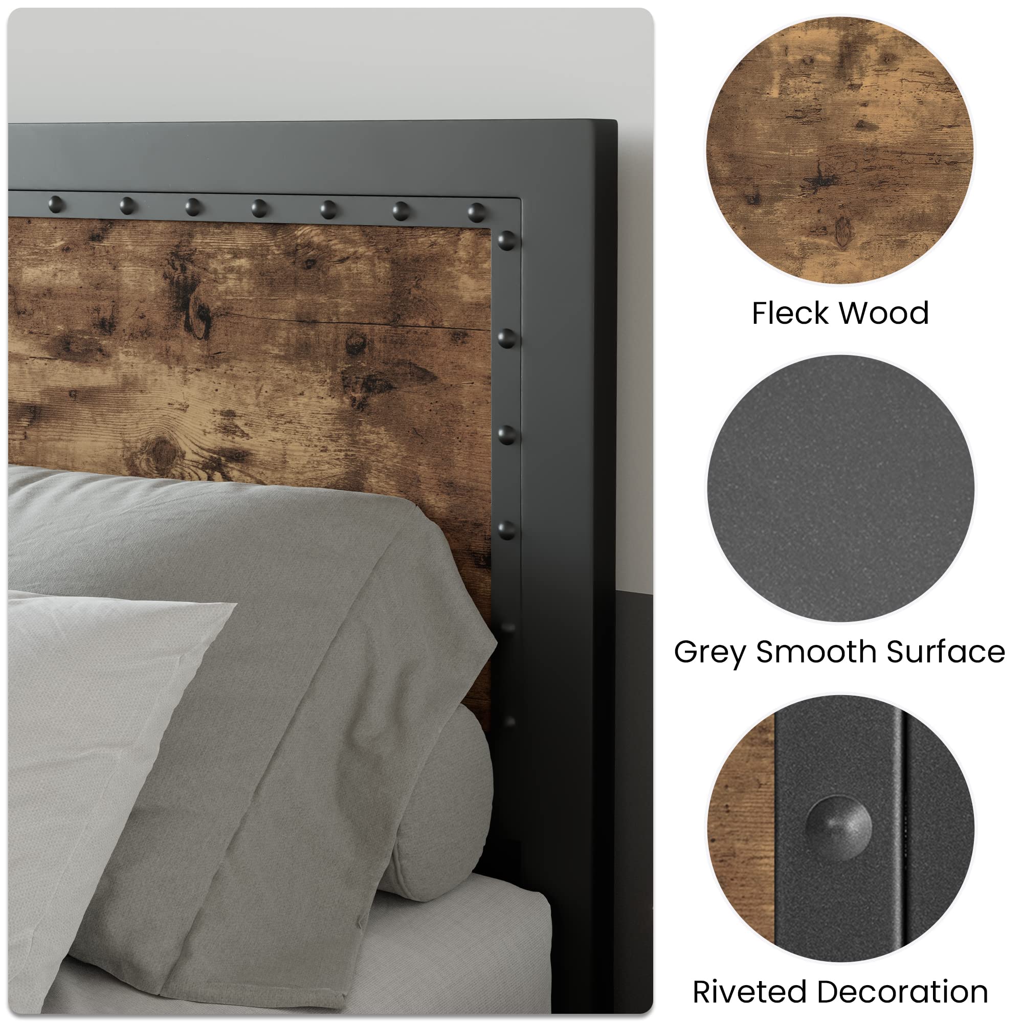 SHA CERLIN Grey Metal Bed Frame Full, Industrial Wooden Platform Base with Rivet Headboard and Footboard, No Box Spring Needed
