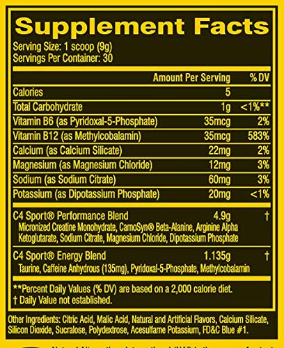C4 Sport Pre Workout Powder Blue Raspberry - Pre Workout Energy with 3g Creatine Monohydrate + 135mg Caffeine and Beta-Alanine Performance Blend - NSF Certified for Sport | 30 Servings