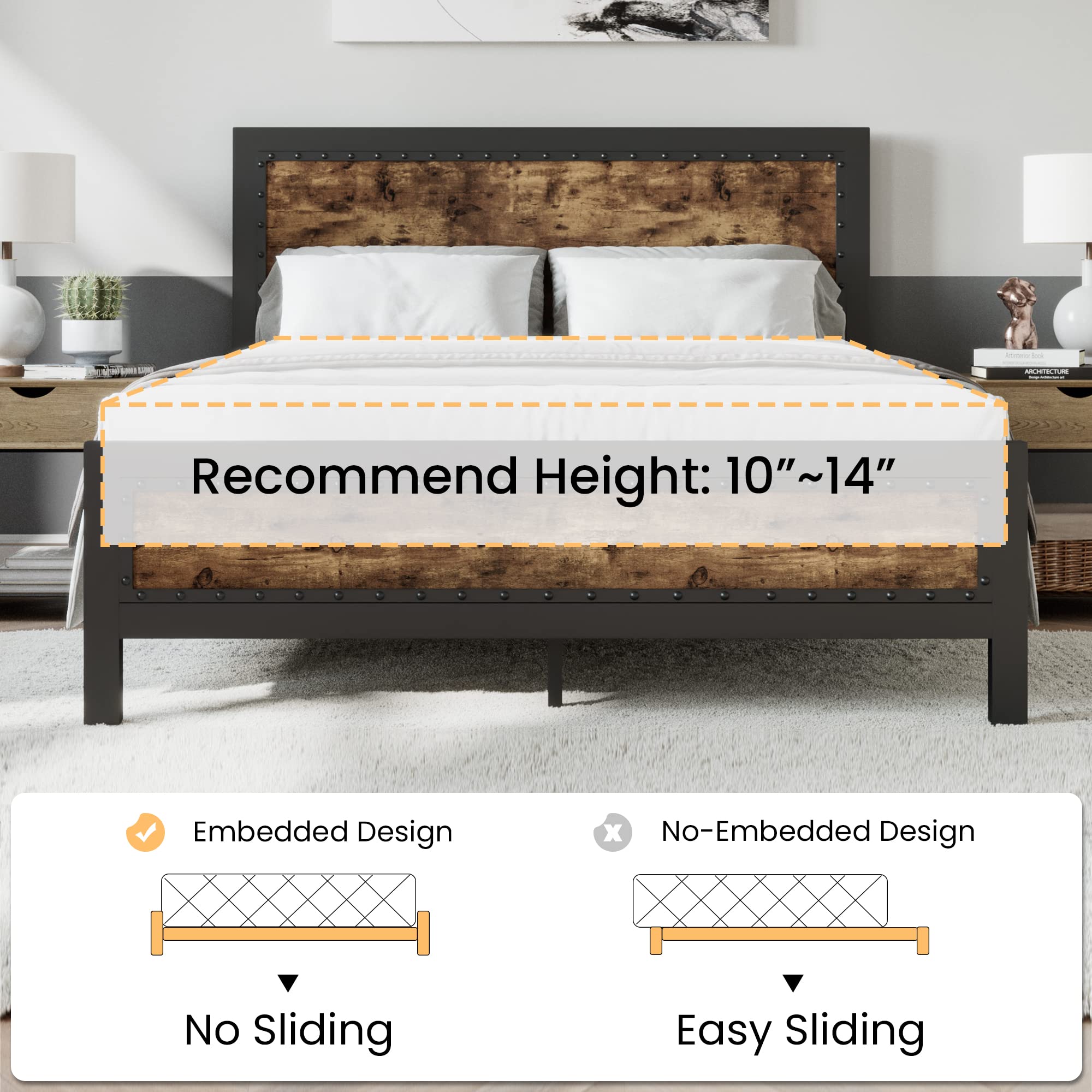 SHA CERLIN Grey Metal Bed Frame Full, Industrial Wooden Platform Base with Rivet Headboard and Footboard, No Box Spring Needed