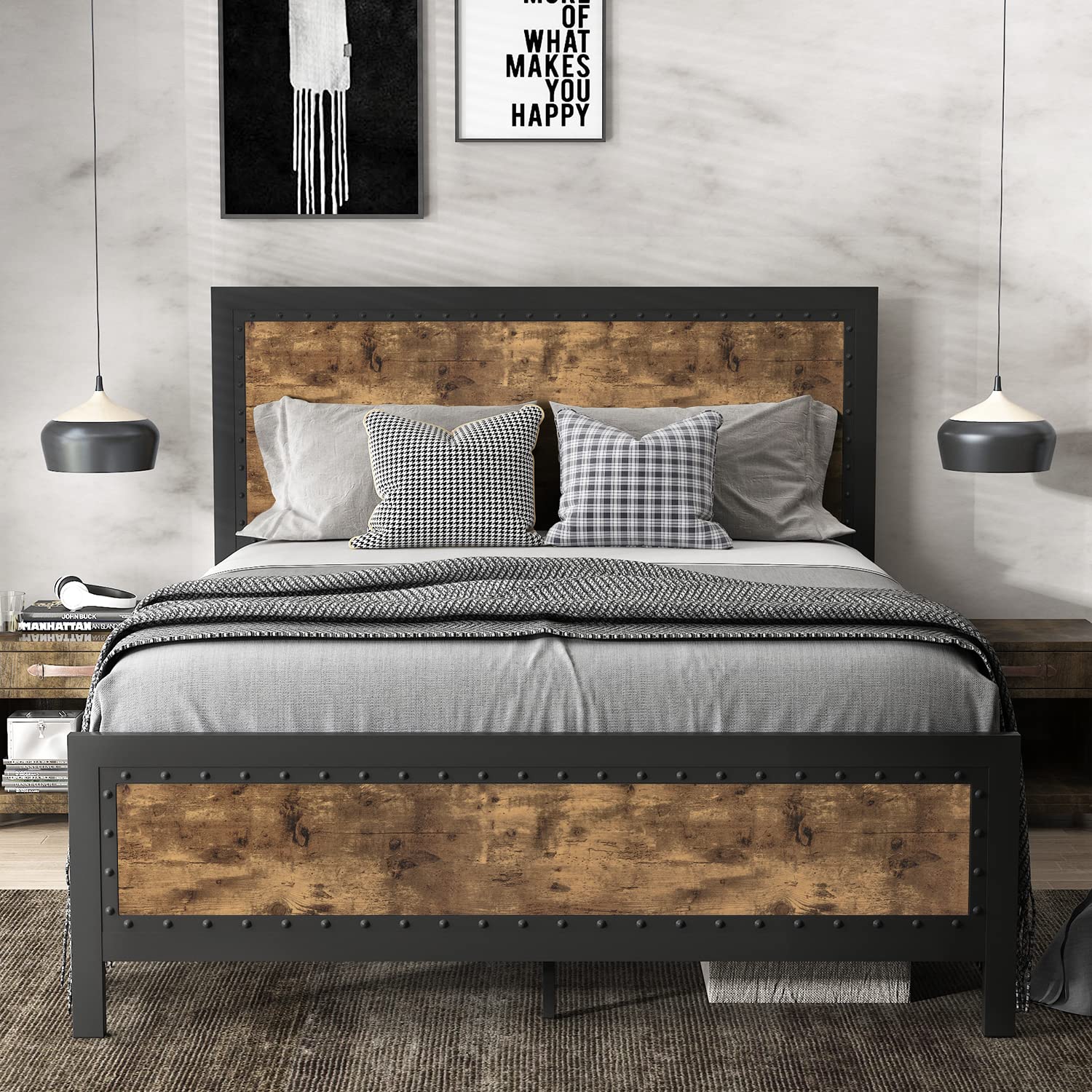SHA CERLIN Grey Metal Bed Frame Full, Industrial Wooden Platform Base with Rivet Headboard and Footboard, No Box Spring Needed