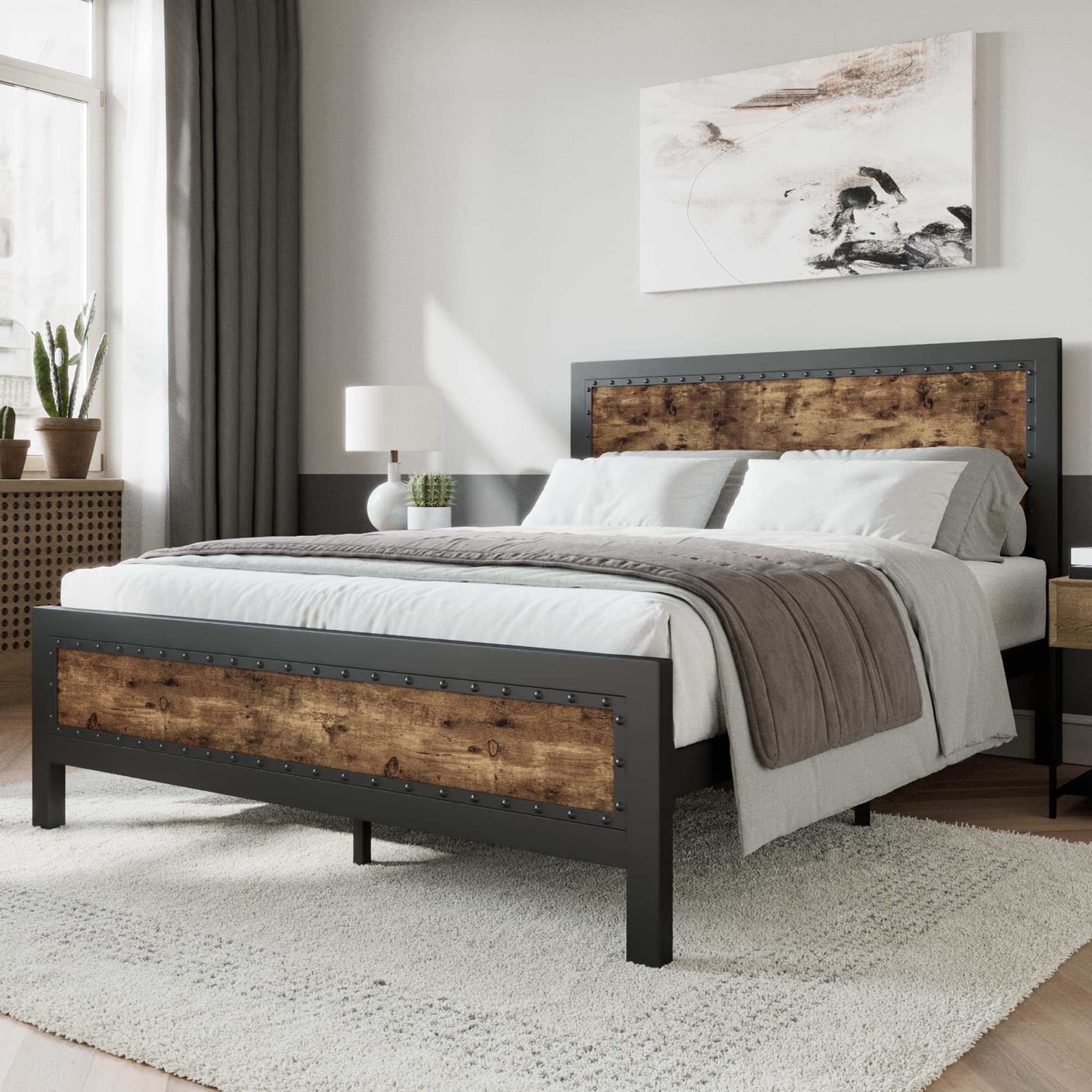 SHA CERLIN Grey Metal Bed Frame Full, Industrial Wooden Platform Base with Rivet Headboard and Footboard, No Box Spring Needed
