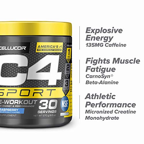 C4 Sport Pre Workout Powder Blue Raspberry - Pre Workout Energy with 3g Creatine Monohydrate + 135mg Caffeine and Beta-Alanine Performance Blend - NSF Certified for Sport | 30 Servings