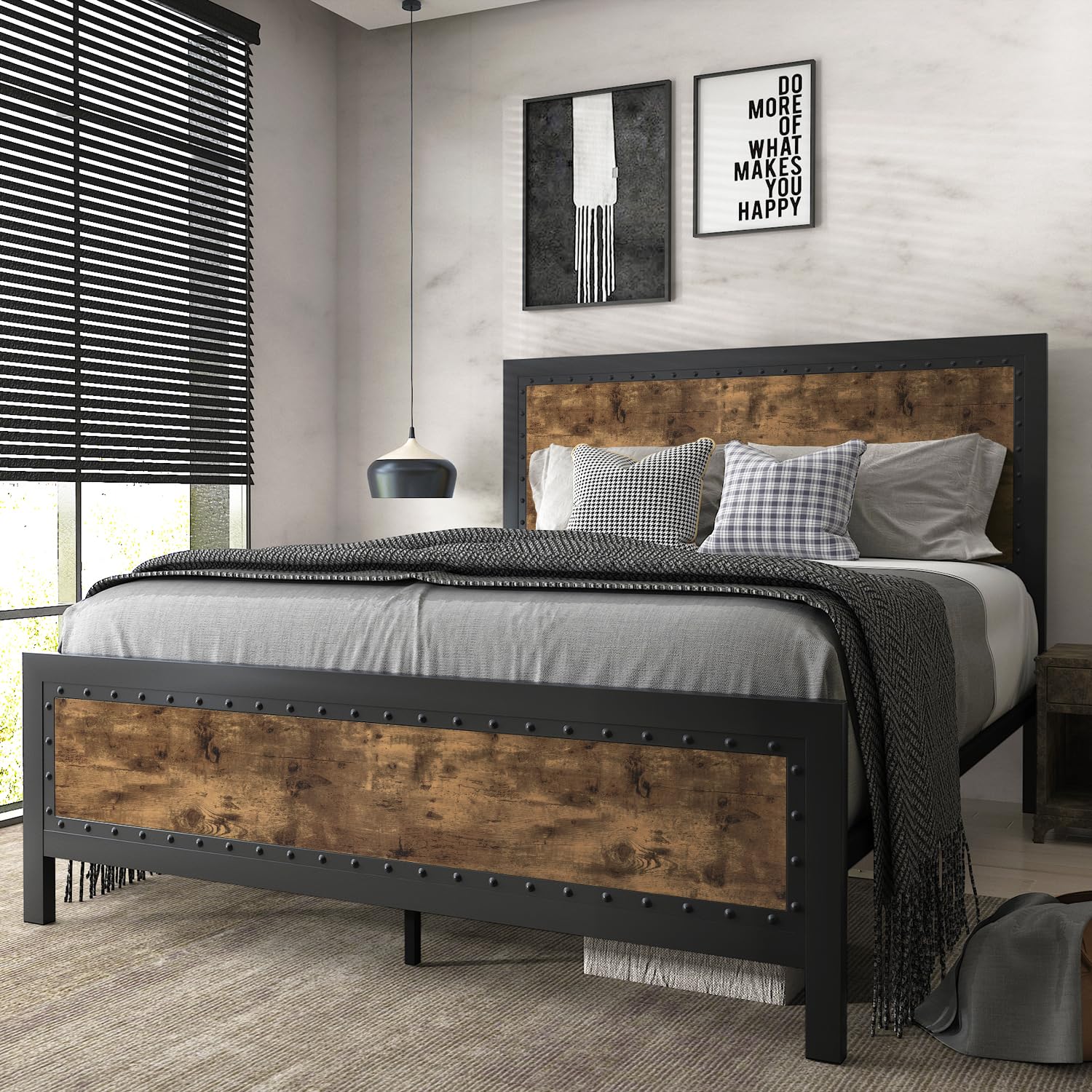 SHA CERLIN Grey Metal Bed Frame Full, Industrial Wooden Platform Base with Rivet Headboard and Footboard, No Box Spring Needed