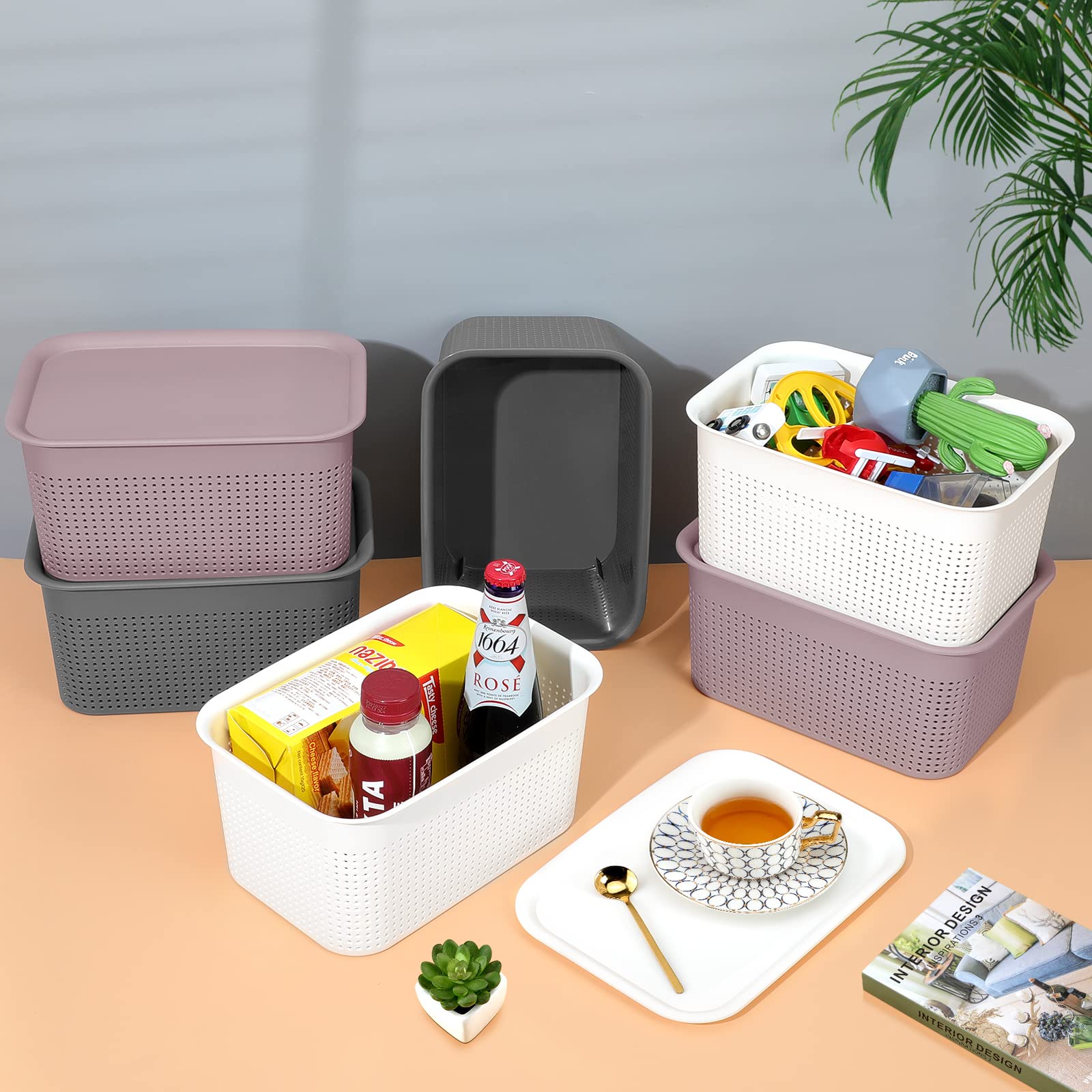 AREYZIN Plastic Storage Bins With Lid Set of 6 Storage Baskets for Organizing Container Lidded Storage Organizer Bins for Shelves Drawers Desktop Closet Playroom Classroom Office, Purple