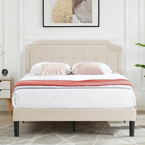 VECELO Upholstered Platform Bed Frame with Adjustable Headboard, Wooden Slats Support, No Box Spring Needed, Modern Style, Full Size