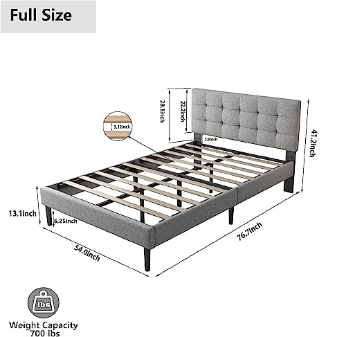 Lijimei Full Size Bed Frame with Headboard, Upholstered Bed Frame with Wood Slats Support and Platform Headboard, Mattress Foundation, No Box Spring Needed, Easy Assembly, Noise Free, Light Gray