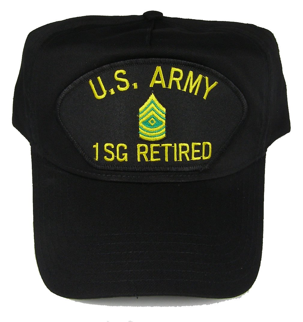 U S Army 1SG Retired with First Sergeant Rank Insignia HAT - Black - Veteran Owned Business