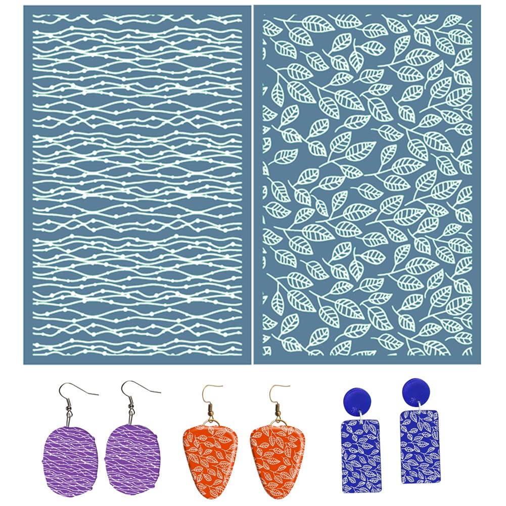 Silk Screen Stencils for Polymer Clay, 2PCS Reusable Silkscreen Print Kit, DIY Silk Screen Printing Stencils for Printing on Clay & Other Jewelry Clay Earrings Decoration