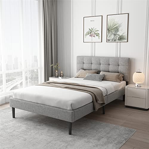 Lijimei Full Size Bed Frame with Headboard, Upholstered Bed Frame with Wood Slats Support and Platform Headboard, Mattress Foundation, No Box Spring Needed, Easy Assembly, Noise Free, Light Gray