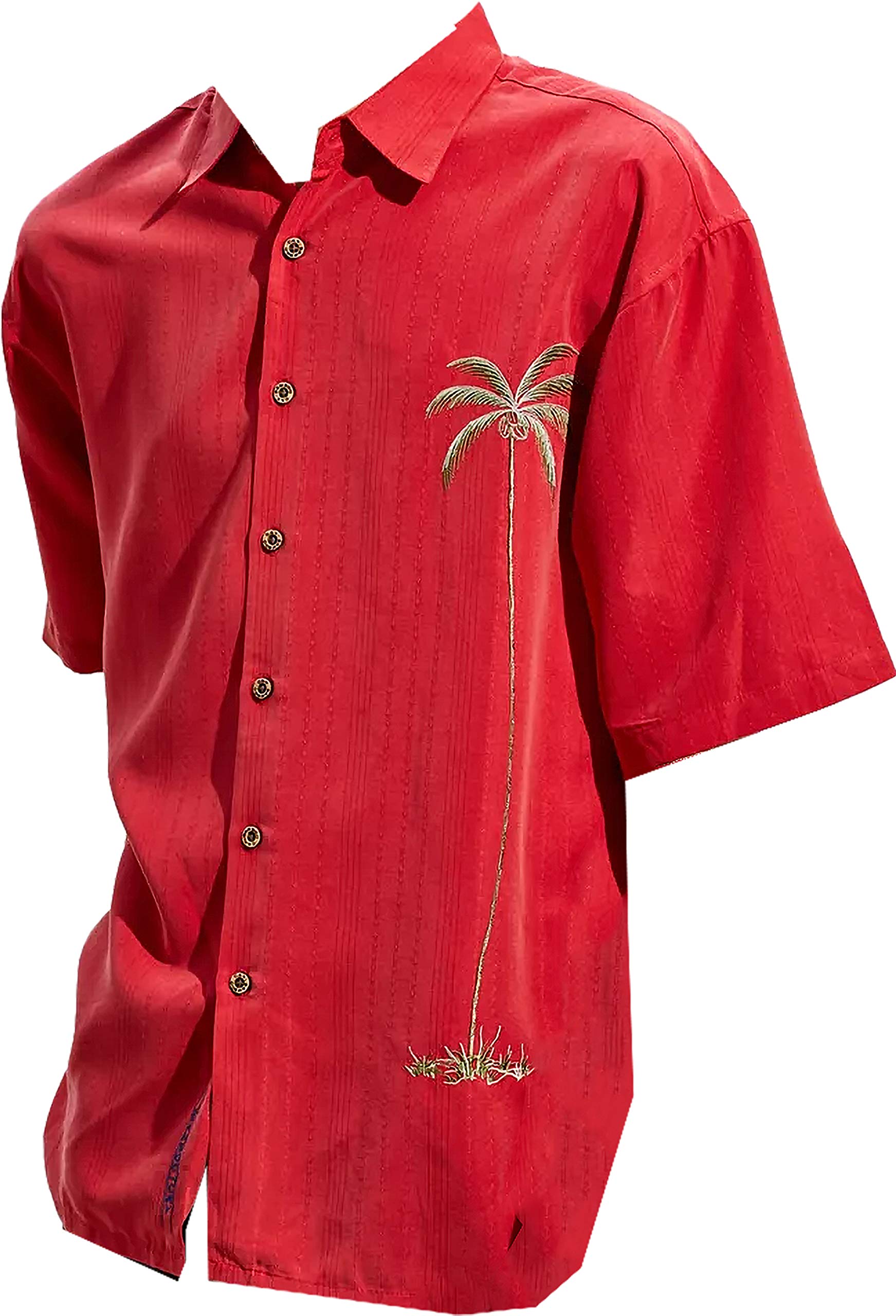Bamboo Cay Men's Single Palm Tropical Style Embroidered Camp Shirt (Large, Tomato)