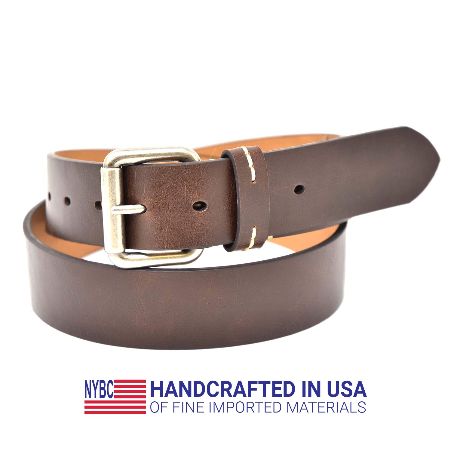 NYBC Belts for Men Vegan Leather Casual Mens Belt 38mm Width, NYBC Dover, Brown, Large