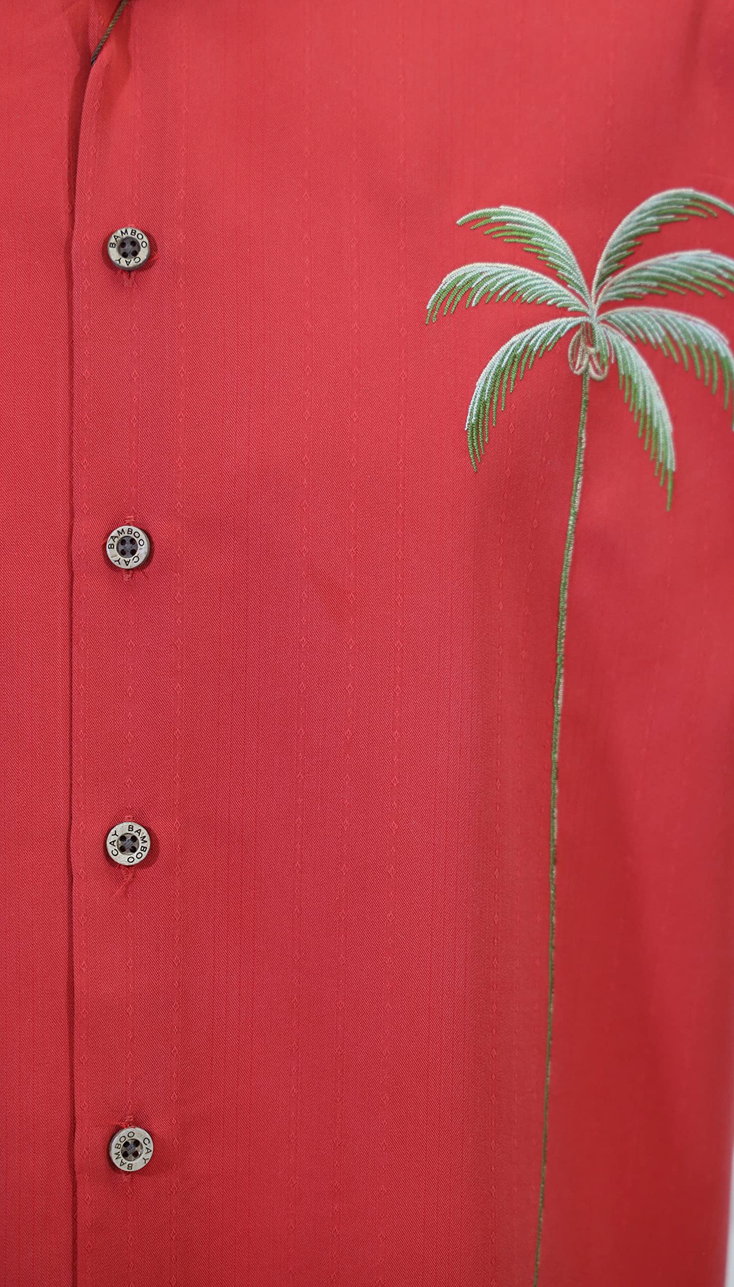 Bamboo Cay Men's Single Palm Tropical Style Embroidered Camp Shirt (Large, Tomato)
