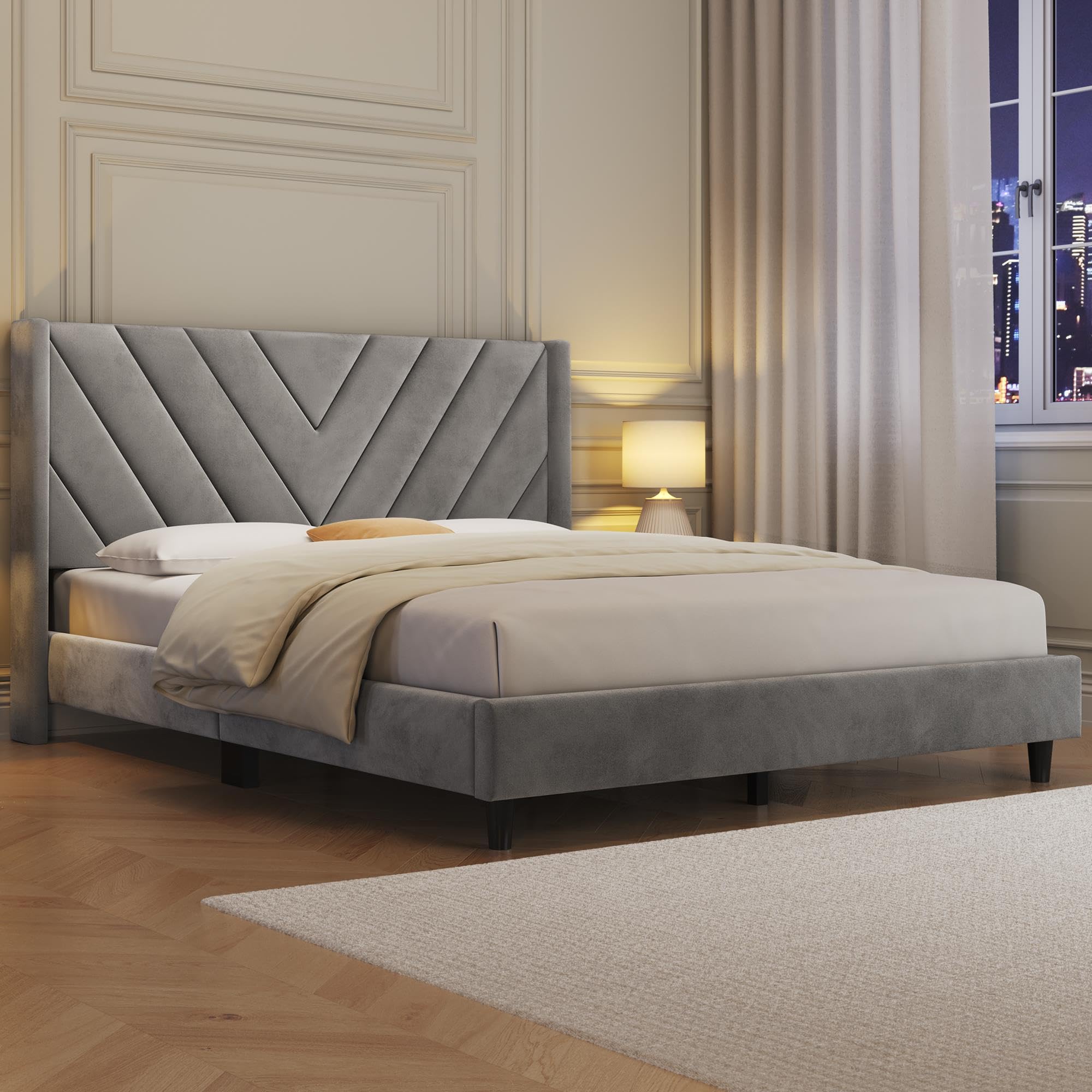 Yaheetech Upholstered Platform Bed with Wing Side Headboard,Heavy Duty Wooden Slat Support/No Box Spring Needed/Easy Assembly, Light Gray Full Bed