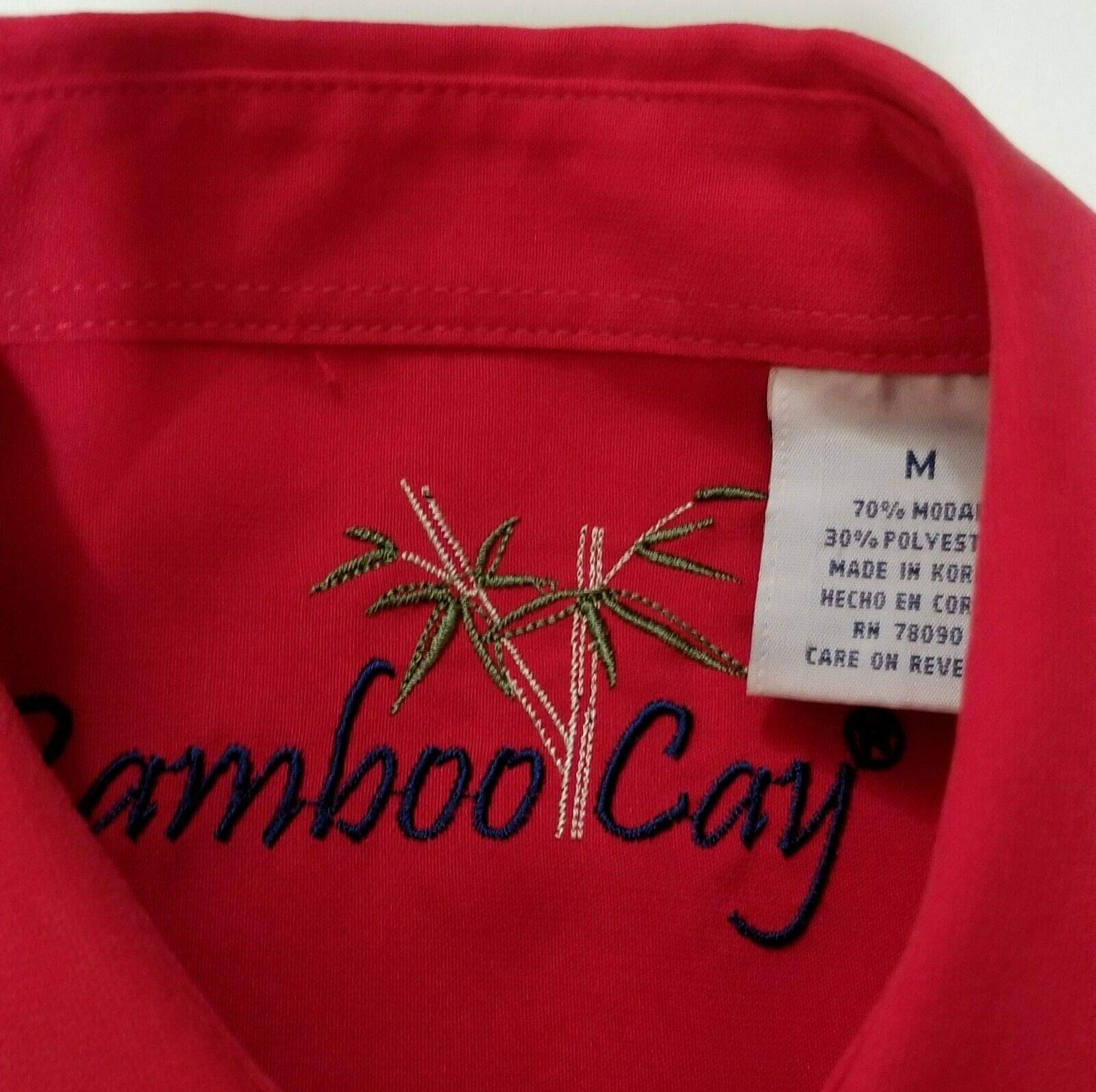 Bamboo Cay Men's Single Palm Tropical Style Embroidered Camp Shirt (Large, Tomato)