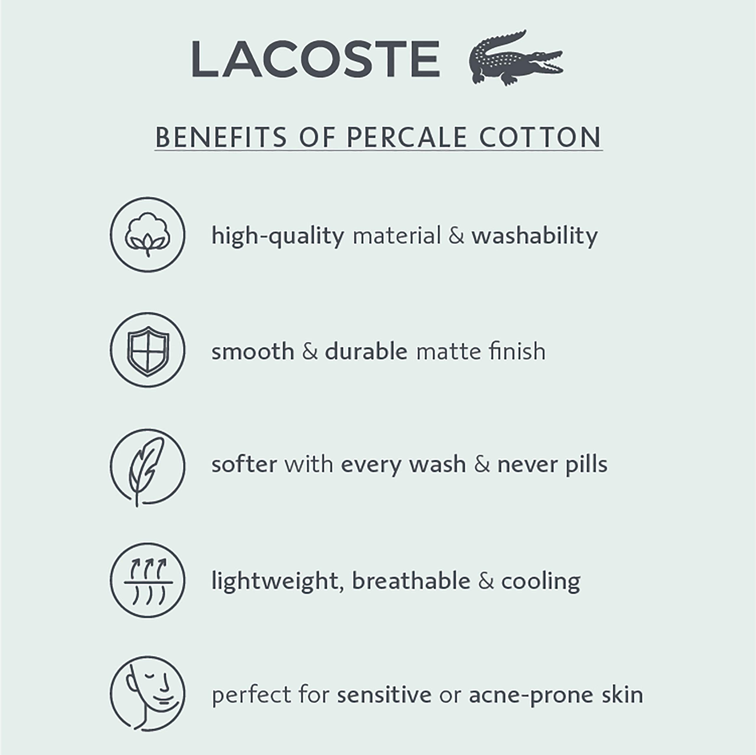 Lacoste 100% Cotton Percale Solid Sheet Set, Breathable, Cooling & Hotel Quality Sheets - Deep Pocket, Easy-Fit, Oeko-Tex Certified, White, Full