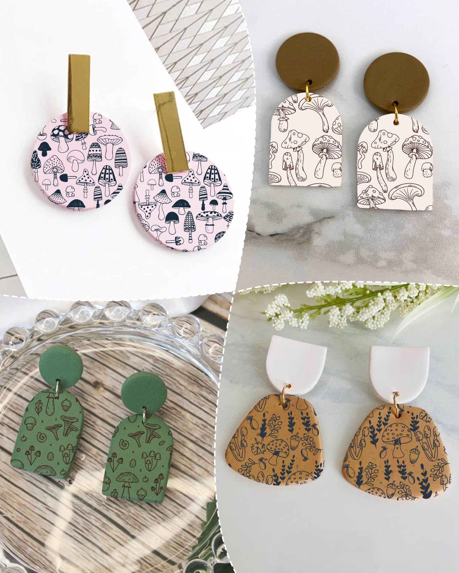 Puocaon Fall Clay Silk Screen - 6 Pcs Reusable Silk Screen Stencils for Polymer Clay Jewelry, Mushroom Boho Hand-Painted Clay Silk Screen Stencils for Jewelry Earrings Making, Mystic Clay Silk Screen