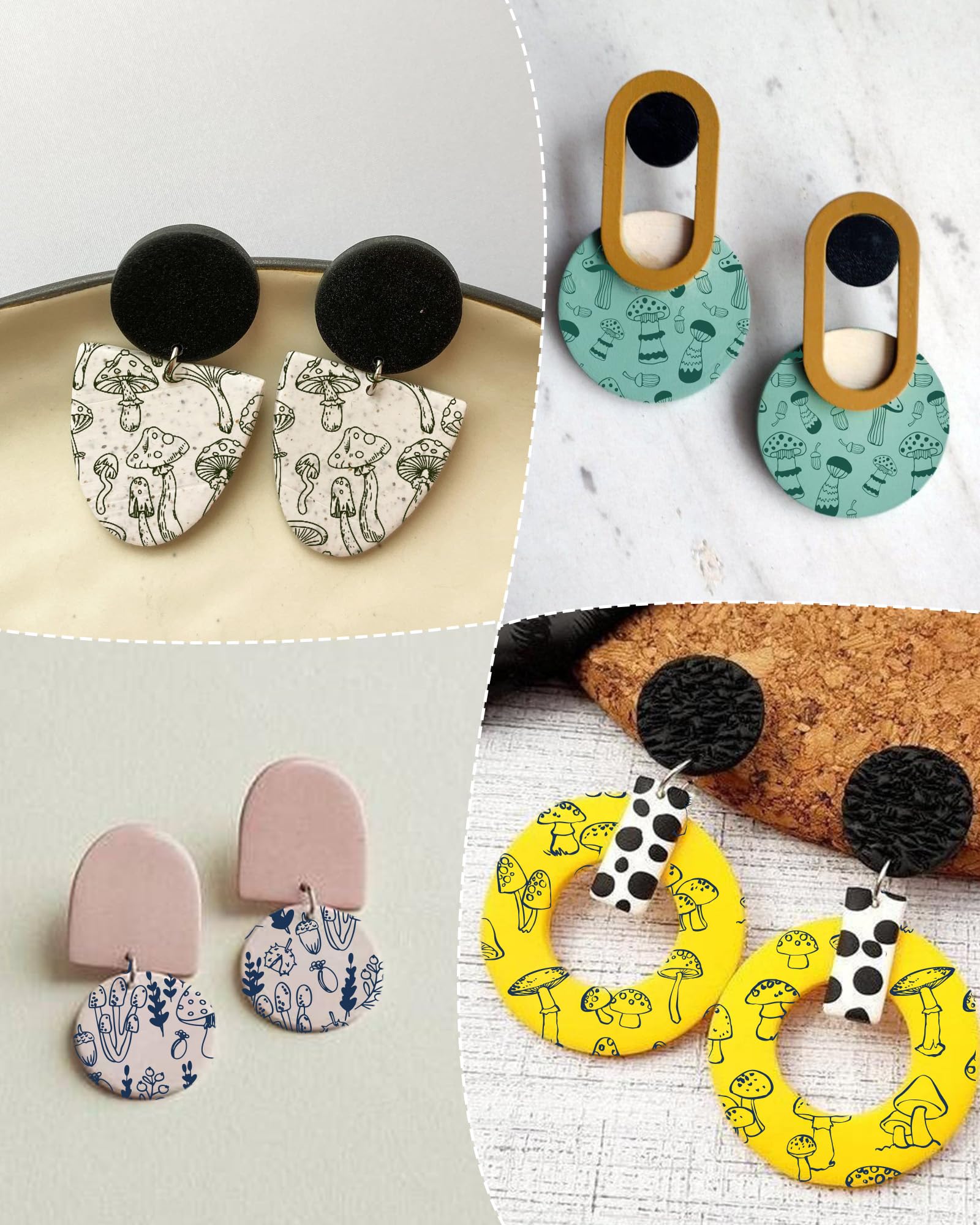 Puocaon Fall Clay Silk Screen - 6 Pcs Reusable Silk Screen Stencils for Polymer Clay Jewelry, Mushroom Boho Hand-Painted Clay Silk Screen Stencils for Jewelry Earrings Making, Mystic Clay Silk Screen