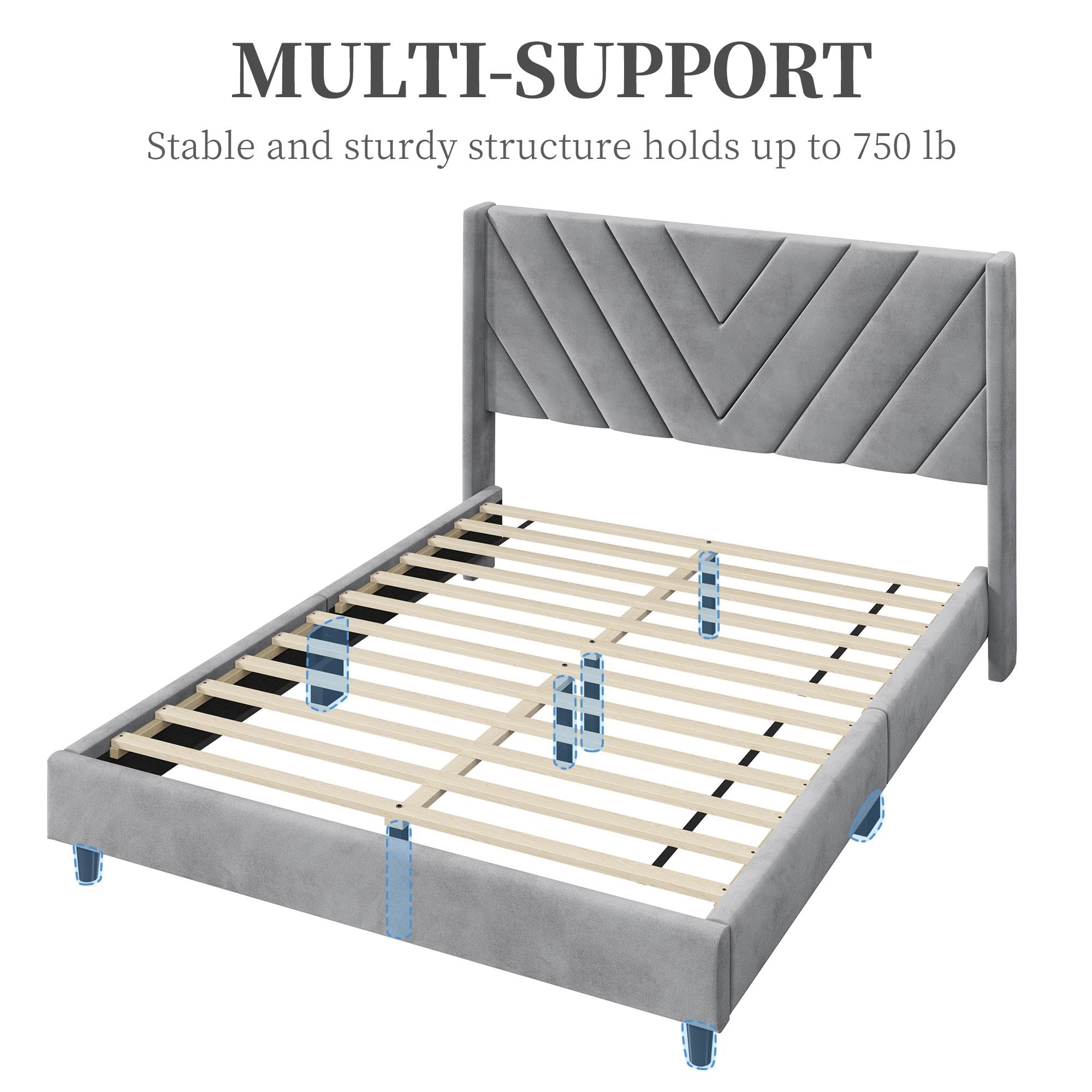 Yaheetech Upholstered Platform Bed with Wing Side Headboard,Heavy Duty Wooden Slat Support/No Box Spring Needed/Easy Assembly, Light Gray Full Bed