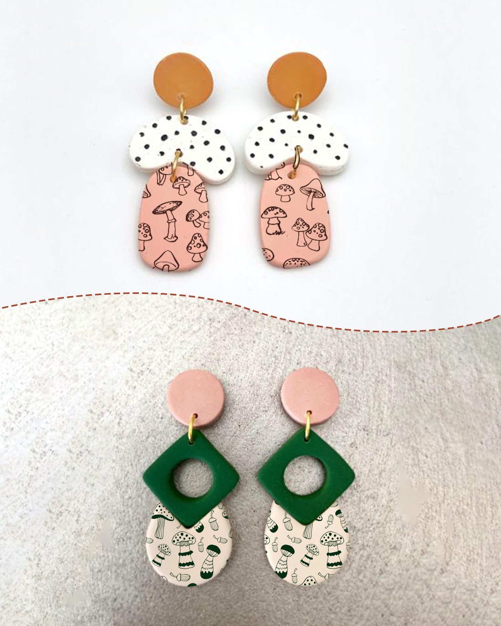 Puocaon Fall Clay Silk Screen - 6 Pcs Reusable Silk Screen Stencils for Polymer Clay Jewelry, Mushroom Boho Hand-Painted Clay Silk Screen Stencils for Jewelry Earrings Making, Mystic Clay Silk Screen