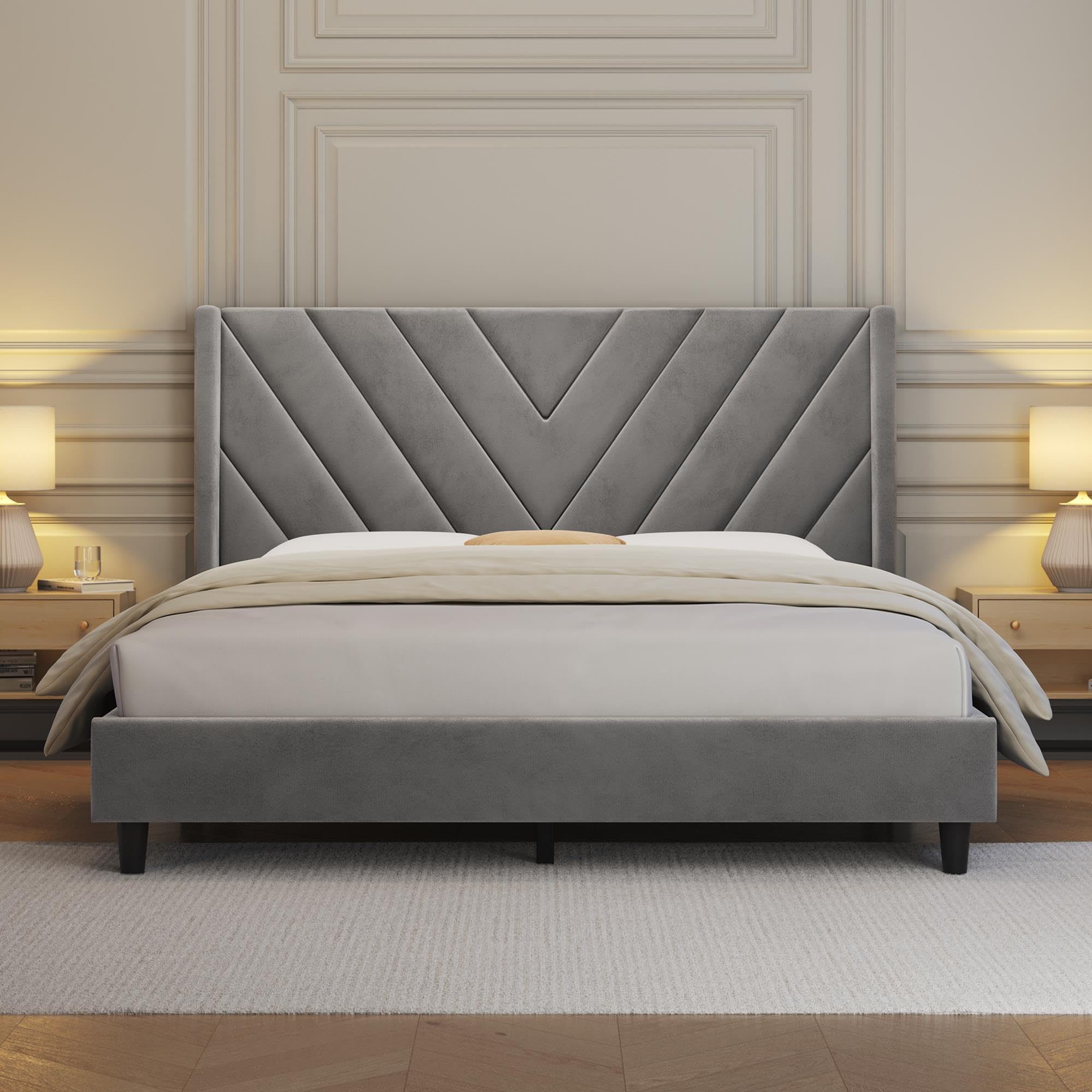 Yaheetech Upholstered Platform Bed with Wing Side Headboard,Heavy Duty Wooden Slat Support/No Box Spring Needed/Easy Assembly, Light Gray Full Bed