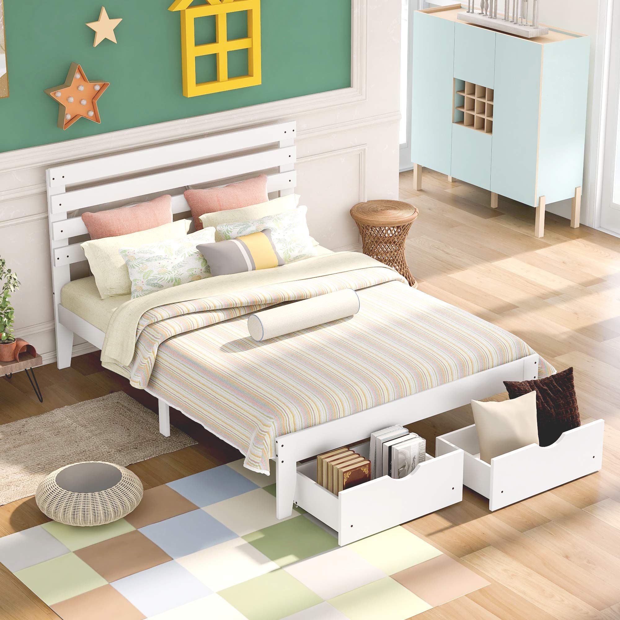 Lepfun Full Bed Frame with Drawers,Wood Full Size Platform Bed Frame with Headboard, Full Storage Bed for Kids Girls Boys, No Box Spring Needed, White