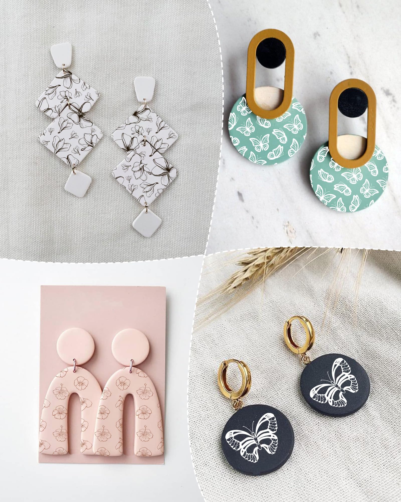 Puocaon Butterfly Clay Silk Screen - 6 Pcs Reusable Cactus Silk Screen Stencils for Polymer Clay Earrings Making, Boho Leaves Hibiscus Syriacus Flower Silk Screen Stencils for Polymer Clay Jewelry