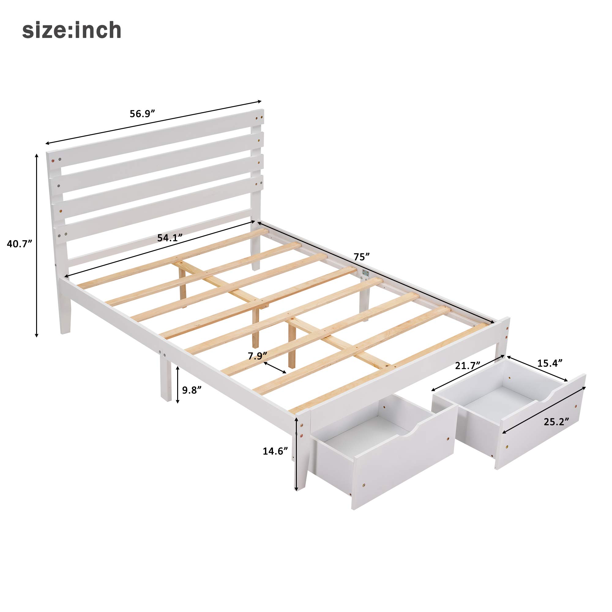 Lepfun Full Bed Frame with Drawers,Wood Full Size Platform Bed Frame with Headboard, Full Storage Bed for Kids Girls Boys, No Box Spring Needed, White