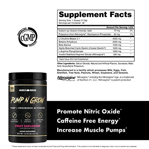 Anabolic Warfare Pump-N-Grow Muscle Pump Supplement Caffeine Free Pre Workout with L-Citrulline, L-Arginine, Beta-Alanine (Fruit Explosionâ 30 Servings)