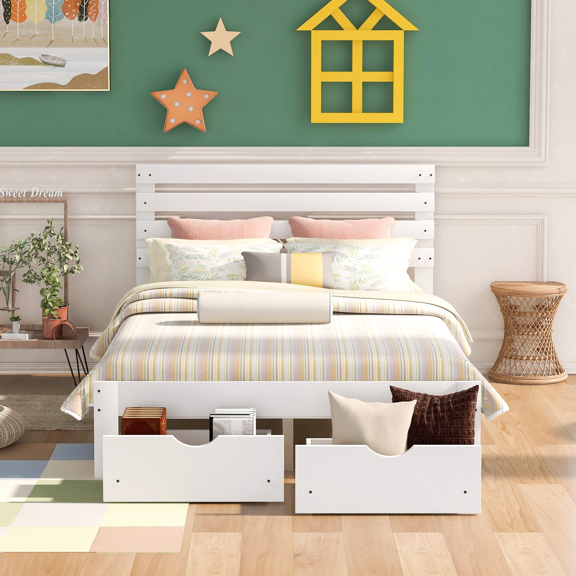 Lepfun Full Bed Frame with Drawers,Wood Full Size Platform Bed Frame with Headboard, Full Storage Bed for Kids Girls Boys, No Box Spring Needed, White