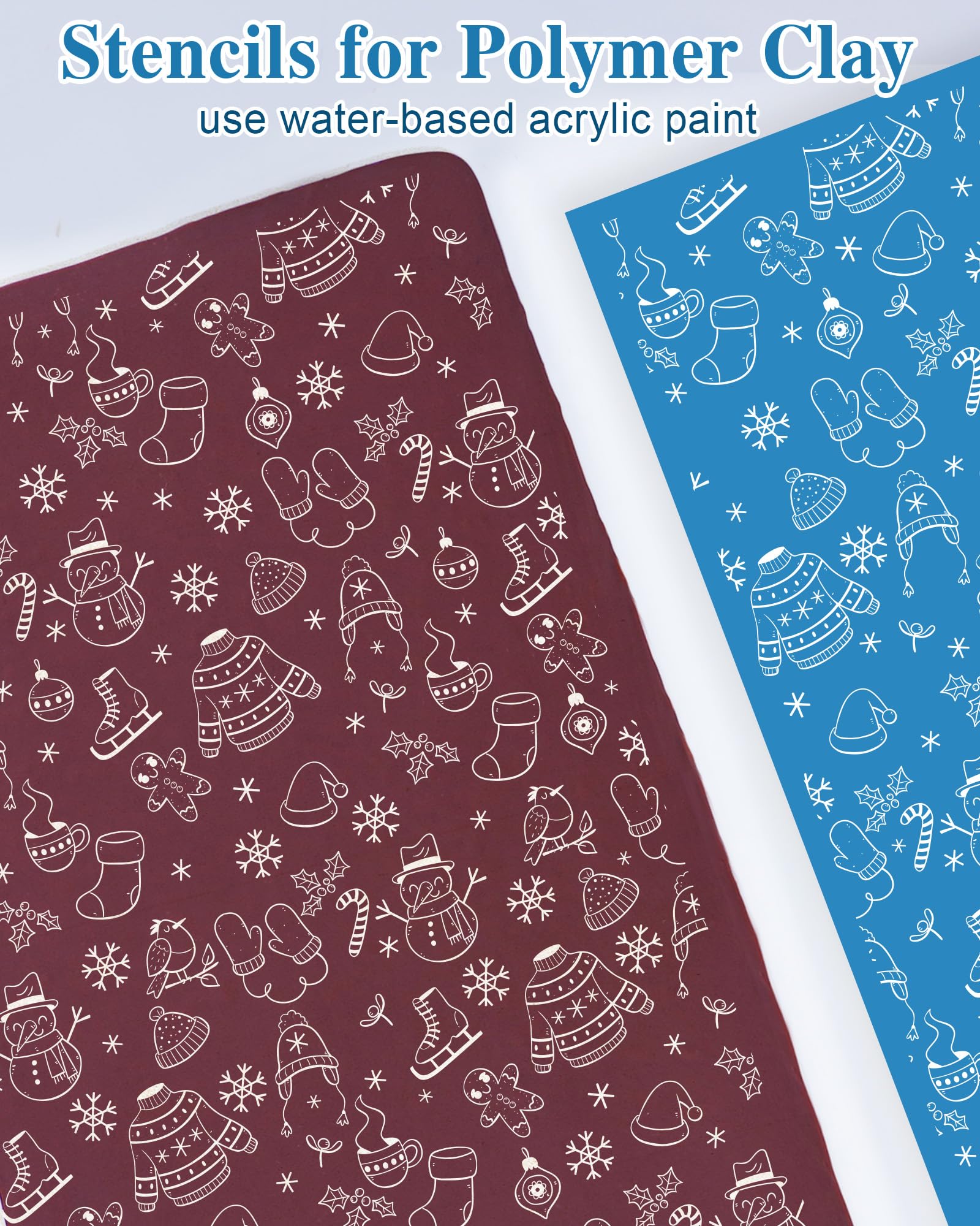 Puocaon Christmas Clay Silk Screen - 8 Pcs Sweater Silk Screen Stencils for Polymer Clay Jewelry, Deer Snowflake Holly Wreath Polymer Clay Silk Screen Stencils, Christmas Gift Reusable Screen Stencils