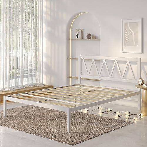 Novilla Full Size Bed Frame with Headboard, Metal Platform Bed Frame, Heavy Duty, No Box Spring Needed, Wood Slat Support, Easy Assembly, White
