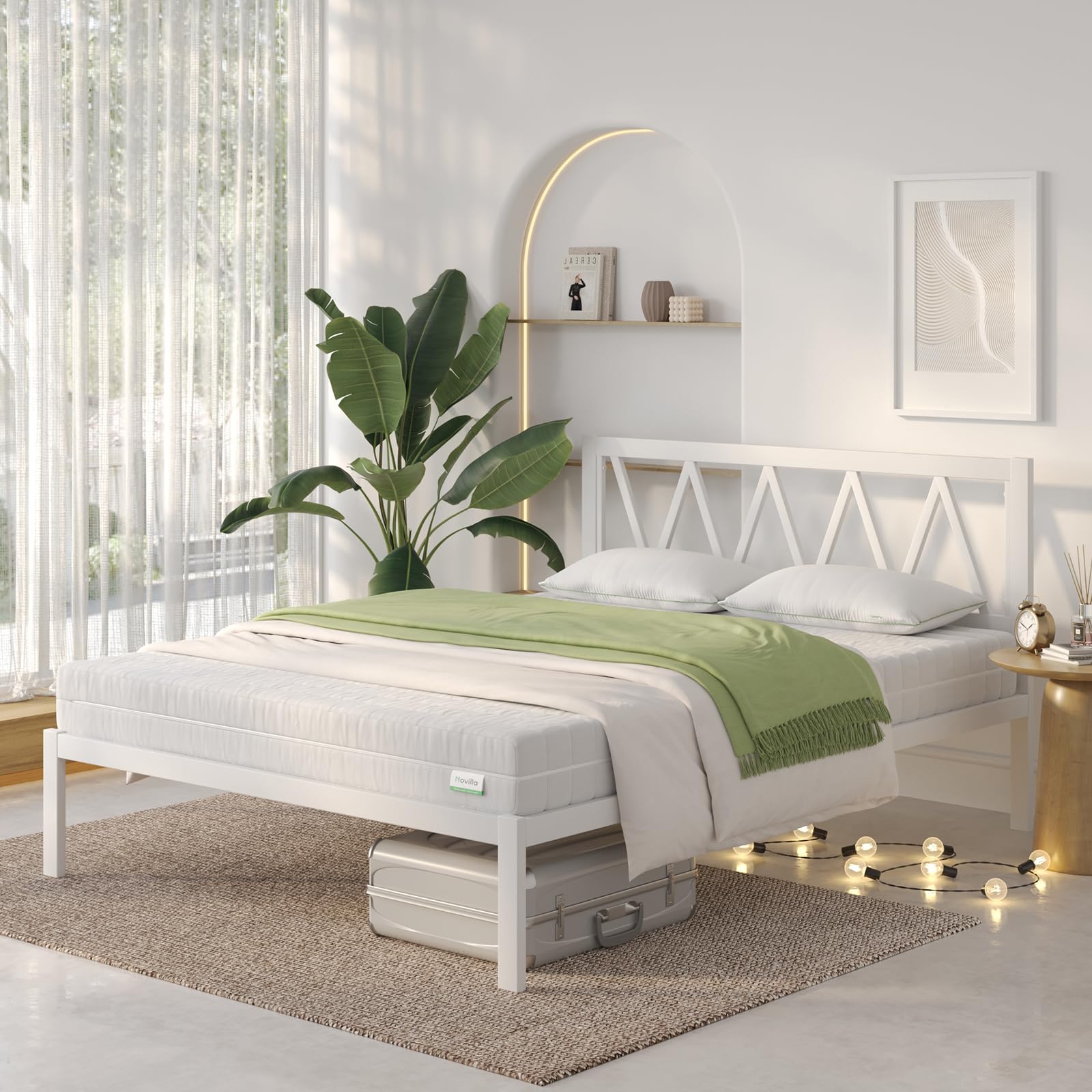 Novilla Full Size Bed Frame with Headboard, Metal Platform Bed Frame, Heavy Duty, No Box Spring Needed, Wood Slat Support, Easy Assembly, White