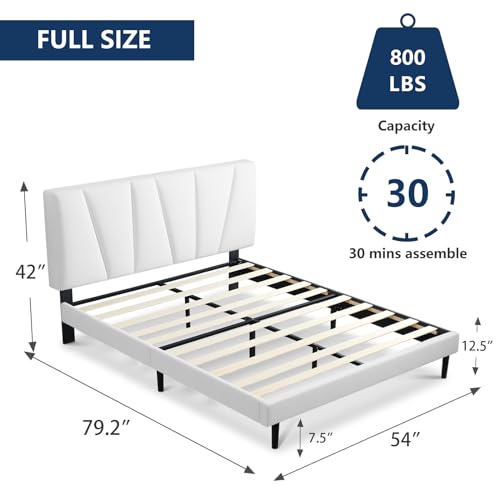 Molblly Full Bed Frame Upholstered Platform with Headboard and Strong Wooden Slats, Strong Weight Capacity, Non-Slip and Noiseless,No Box Spring Needed, Easy Assembly,Light White