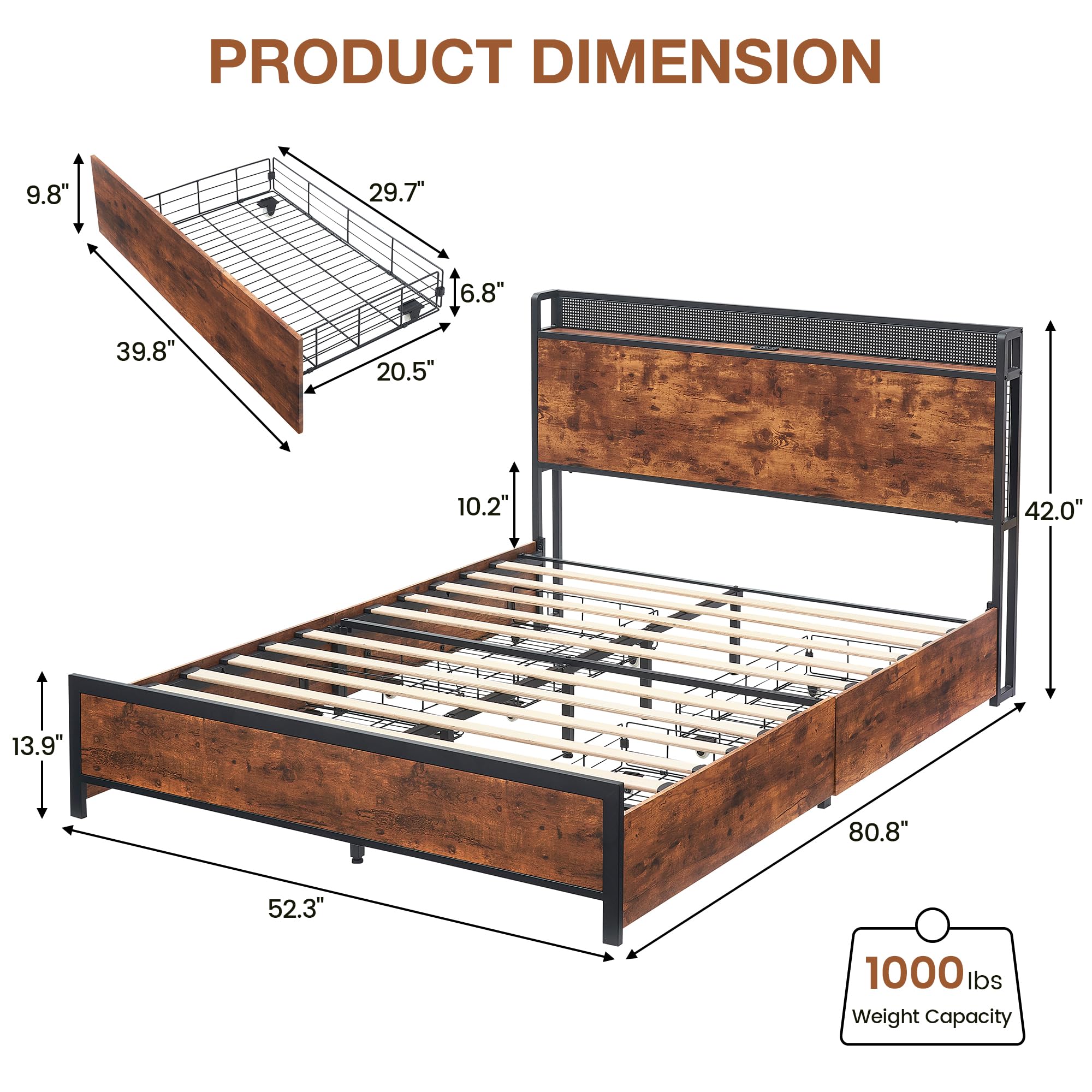 IDEALHOUSE Full Size Bed Frame with Storage Drawers and Charging Station, LED Light Full Bed Frame with Storage Headboard, Metal Platform Bed with Strong Wood Slats Support, No Box Spring Needed