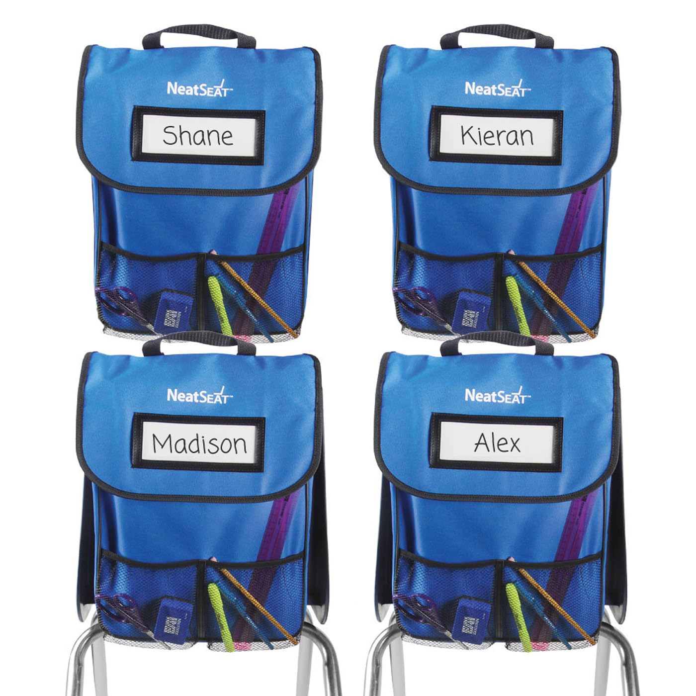 EAI Education NeatSeat Classroom Chair Organizer | Oversized Name-Tag Card, Dual Inner Pockets, Blue, 16" x 12" with 1 1/2" Gusset, Set of 4
