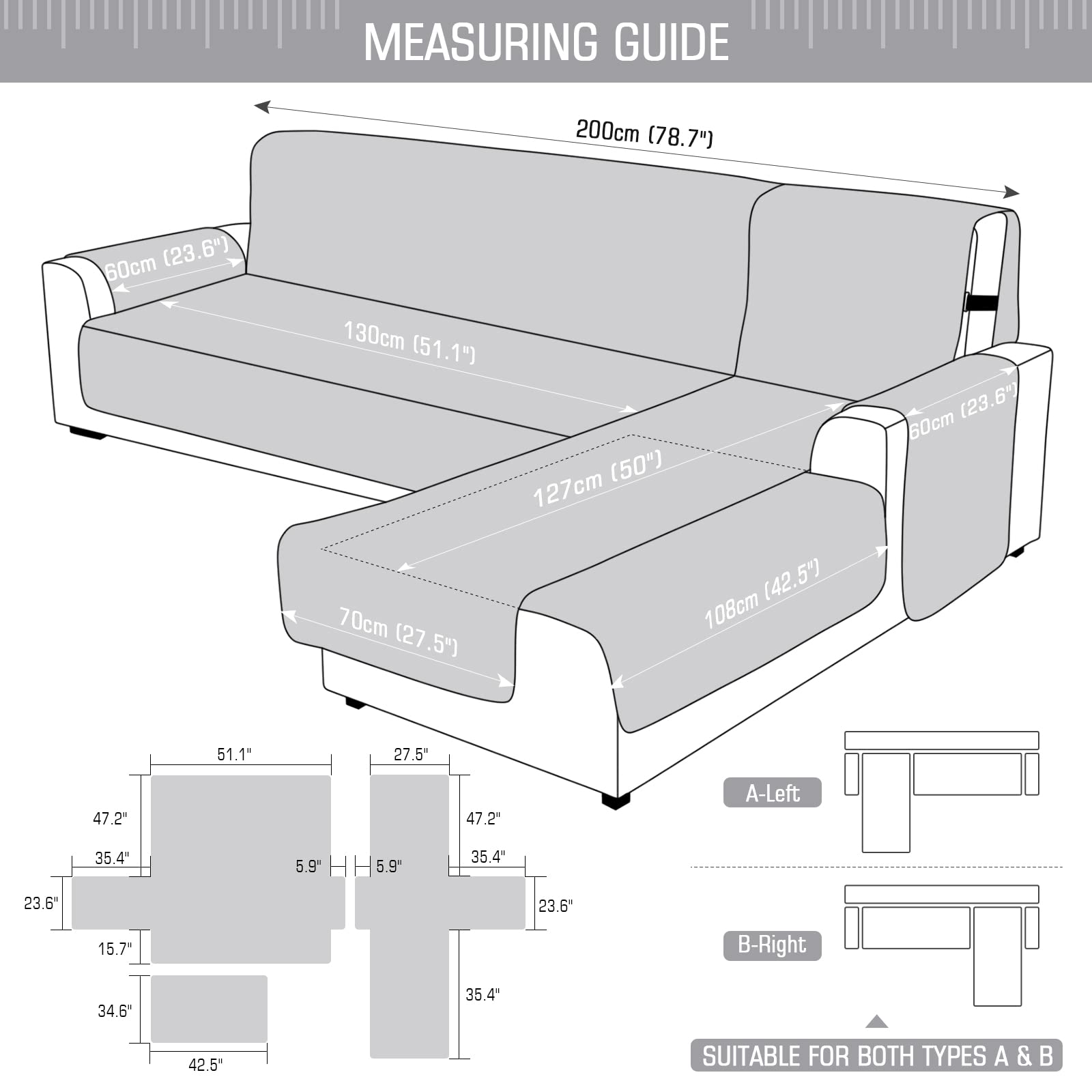 TAOCOCO 100% Waterproof Sectional Couch Covers L Shaped Sofa Covers Chaise Lounge Cover 3pcs Reversible Couch Covers for Sectional Sofa Pet Kids Furniture Protector with Elastic Straps(Small, Gray)