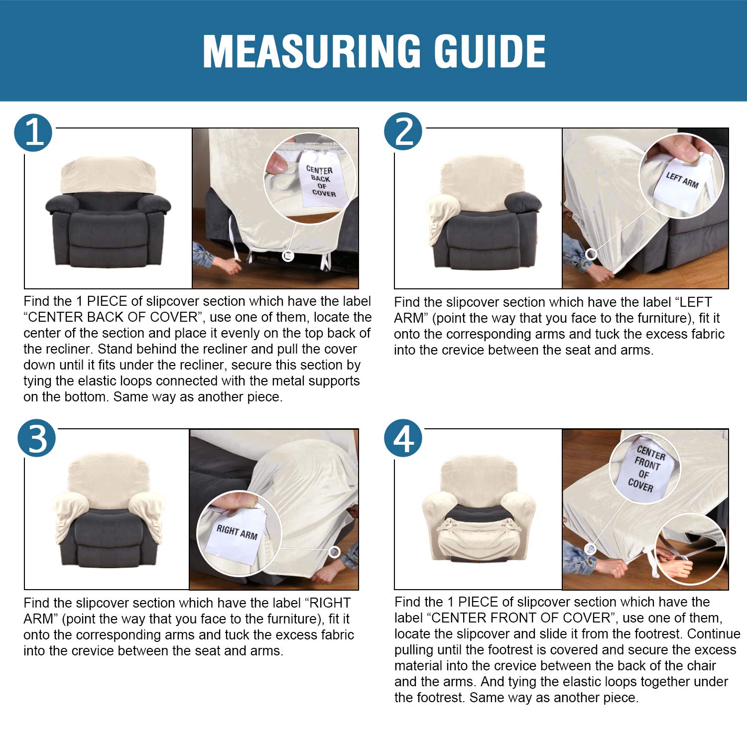 H.VERSAILTEX Velvet Stretch Recliner Couch Covers 4-Pieces Style Recliner Chair Covers Recliner Cover for Reclining Chair Slipcovers Feature Non Slip Form Fitted Thick Soft Washable, Ivory