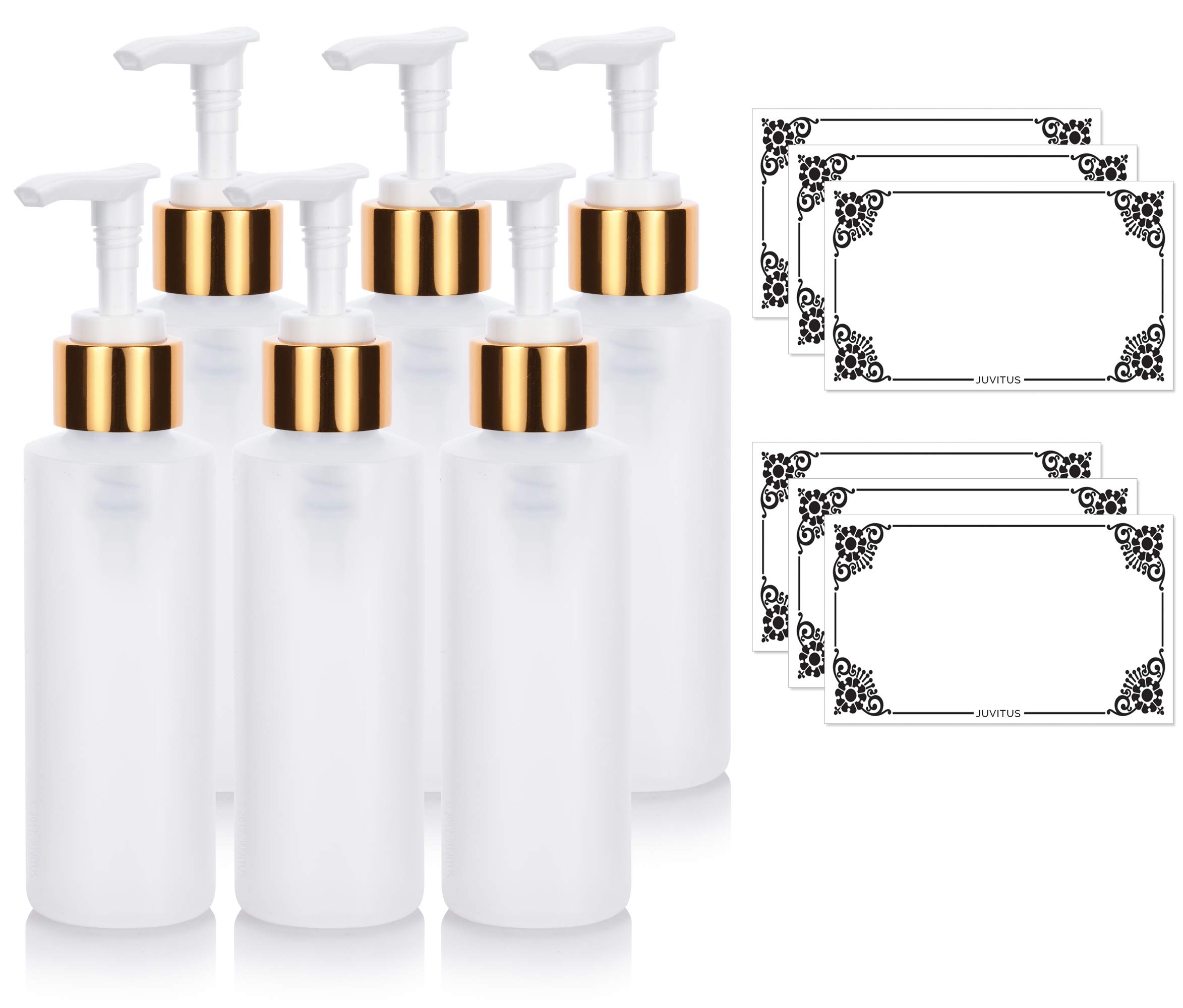 JUVITUS 4 oz Clear Natural Refillable Plastic Squeeze Bottle with Gold Pump Dispenser (6 pack) + Labels
