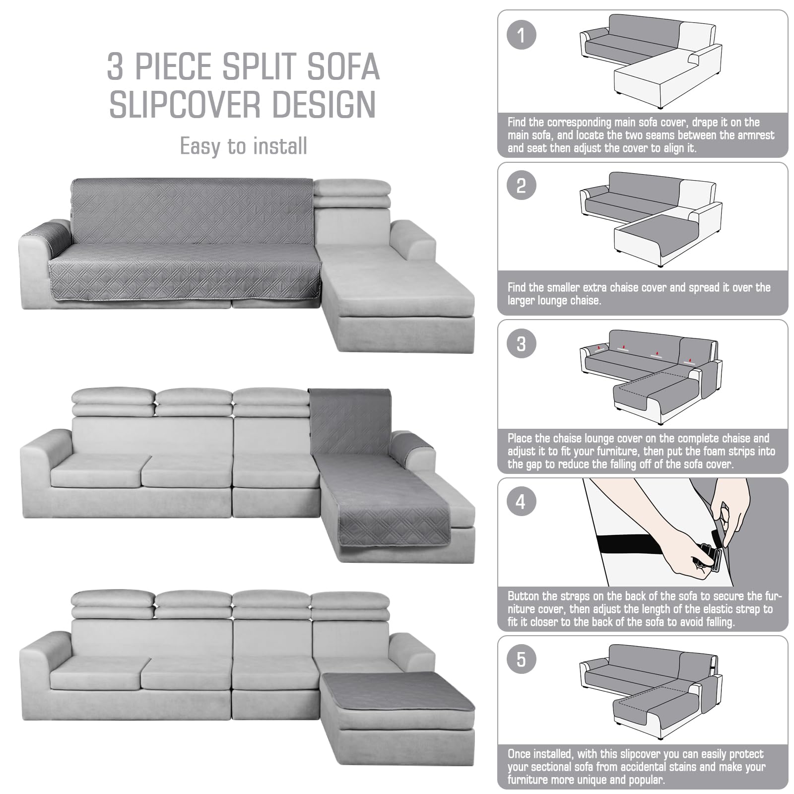 TAOCOCO 100% Waterproof Sectional Couch Covers L Shaped Sofa Covers Chaise Lounge Cover 3pcs Reversible Couch Covers for Sectional Sofa Pet Kids Furniture Protector with Elastic Straps(Small, Gray)