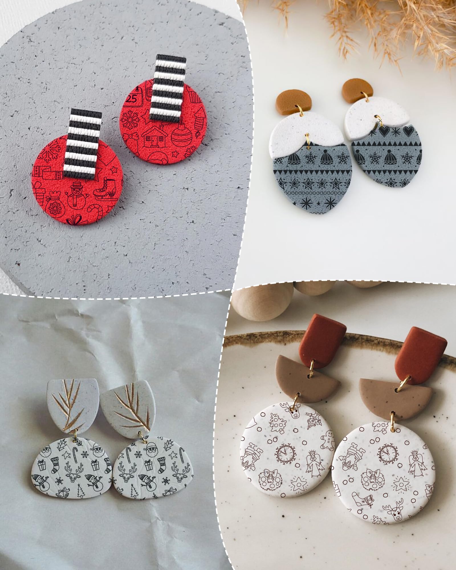 Puocaon Christmas Clay Silk Screen - 8 Pcs Sweater Silk Screen Stencils for Polymer Clay Jewelry, Deer Snowflake Holly Wreath Polymer Clay Silk Screen Stencils, Christmas Gift Reusable Screen Stencils