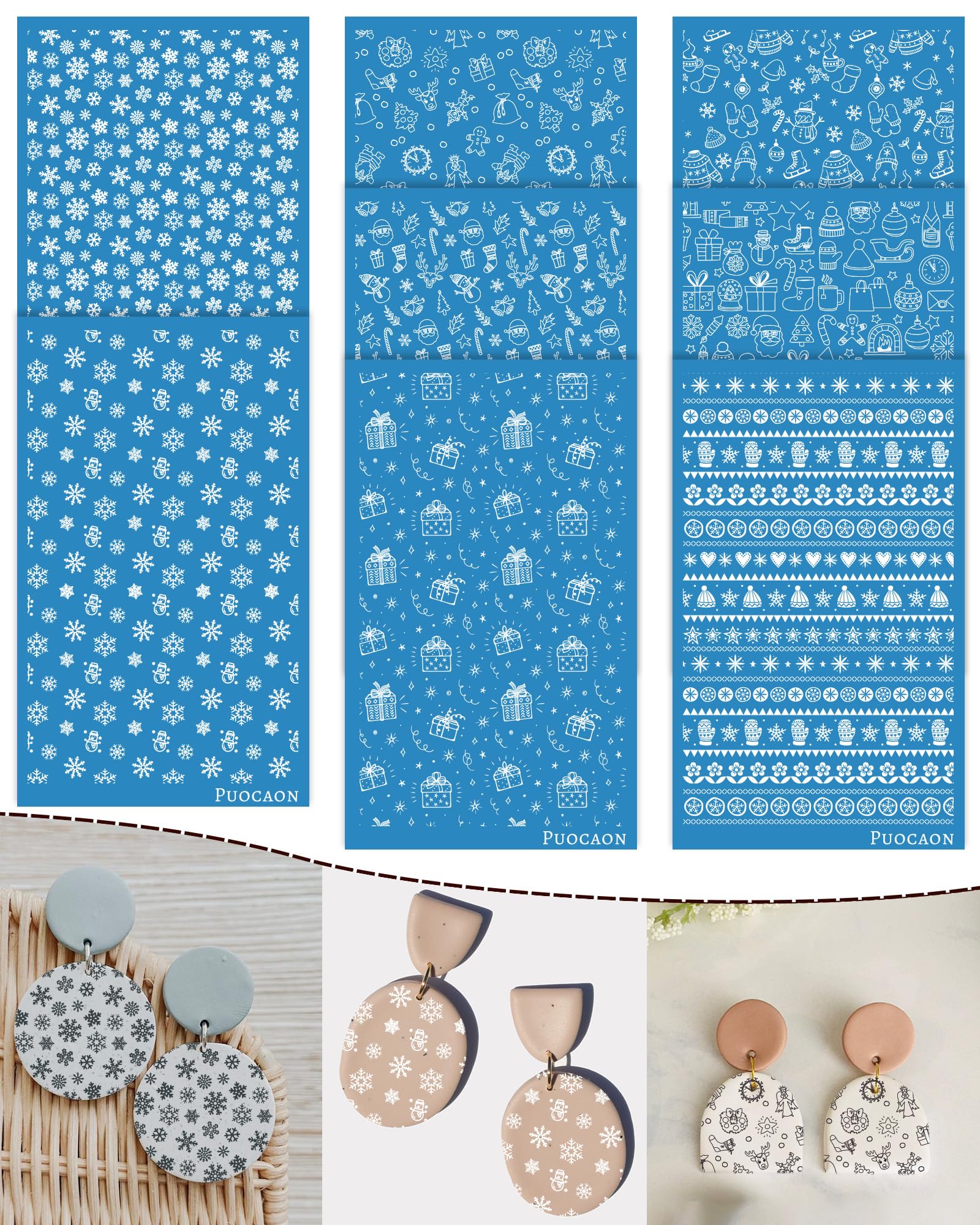 Puocaon Christmas Clay Silk Screen - 8 Pcs Sweater Silk Screen Stencils for Polymer Clay Jewelry, Deer Snowflake Holly Wreath Polymer Clay Silk Screen Stencils, Christmas Gift Reusable Screen Stencils