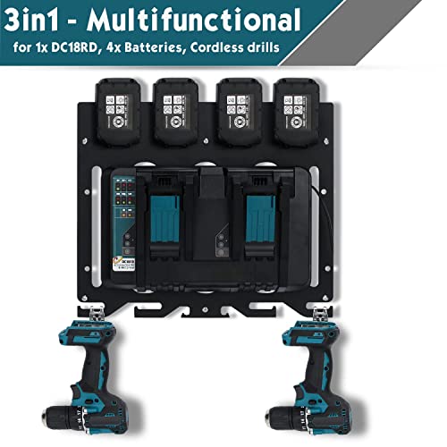 DITKOK 3 in 1 Wall Mount Shelf for Makita Battery, Holder for Makita DC18RC DC18RD Charger, Hanger for Cordless Drill Driver, Cordless Drill Charging Station