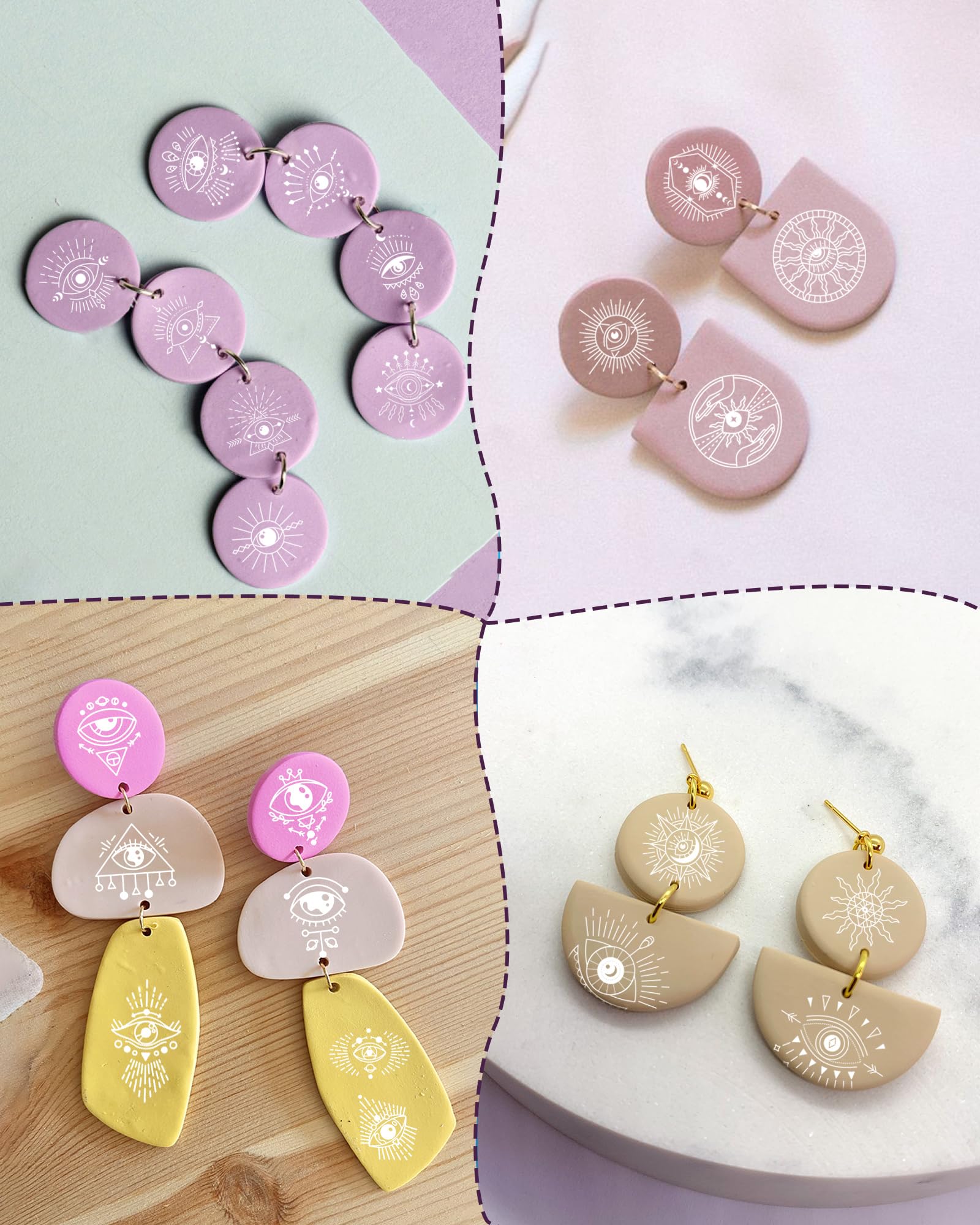 Puocaon Silk Screen Stencils for Polymer Clay, 6 Pcs Boho Evil Eye Silk Screen for Polymer Clay Jewelry, Mysterious Polymer Clay Tools for Jewelry Making, Unique Polymer Jewelry Making Supplies