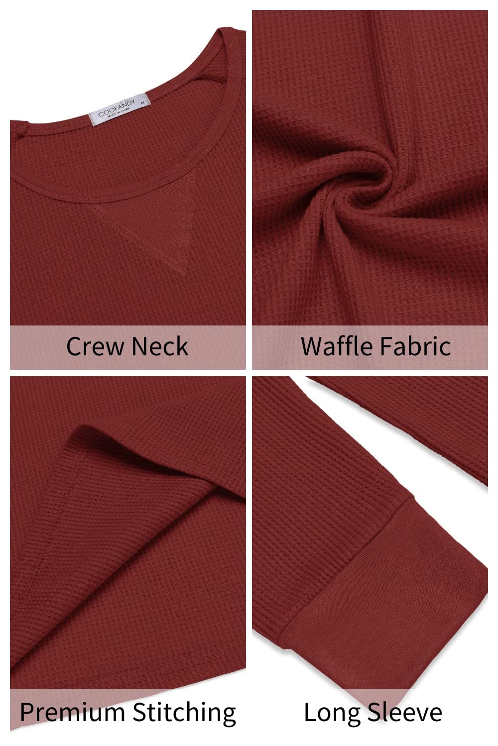 COOFANDY Men's 2 Pack Waffle Shirts Long Sleeve T Shirts Casual Crew Neck Knit Pullover Tops Wine Red/Black