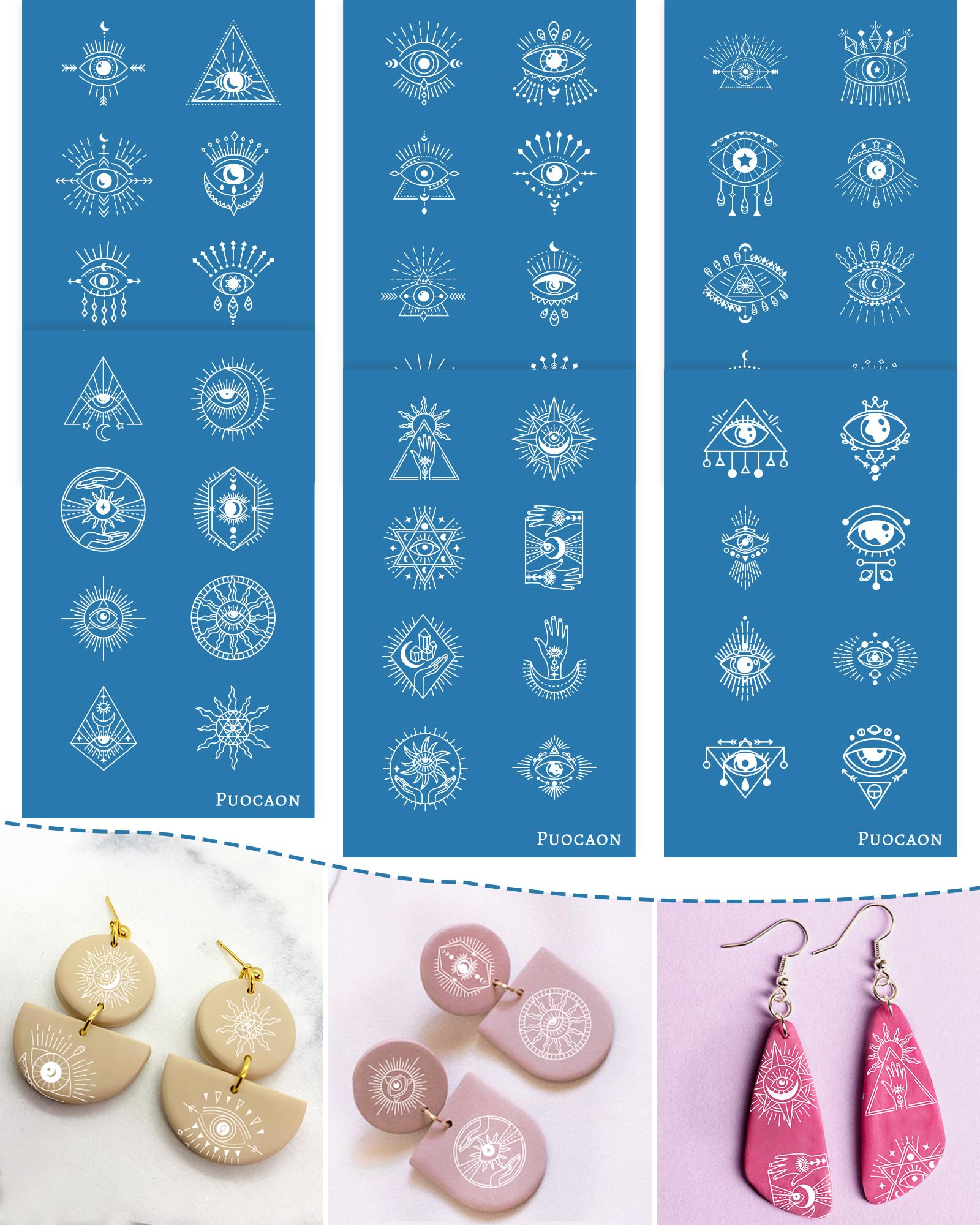 Puocaon Silk Screen Stencils for Polymer Clay, 6 Pcs Boho Evil Eye Silk Screen for Polymer Clay Jewelry, Mysterious Polymer Clay Tools for Jewelry Making, Unique Polymer Jewelry Making Supplies