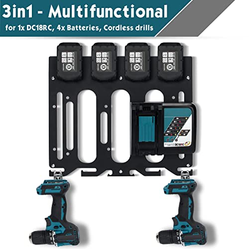 DITKOK 3 in 1 Wall Mount Shelf for Makita Battery, Holder for Makita DC18RC DC18RD Charger, Hanger for Cordless Drill Driver, Cordless Drill Charging Station