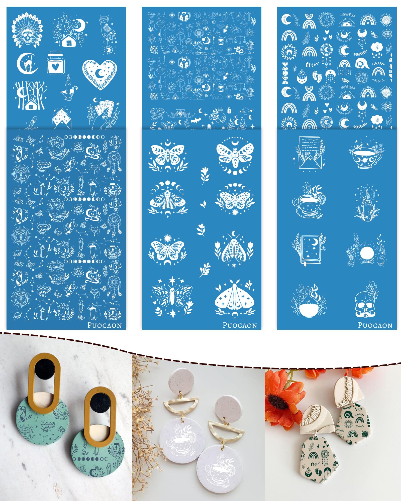 Puocaon Boho Clay Silk Screen - 6 Pcs Boho Moth Reusable Silk Screen Stencils for Polymer Clay Earrings Making, Crescent Moon Boho Sun Polymer Clay Silk Screen, Dreamcatcher Magic Book Silk Screen