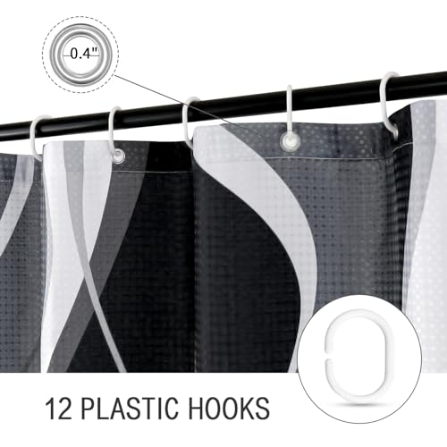Gibelle Black and Grey Shower Curtain, Gray and White Abstract Modern Bathroom Decor, Waffle Weave Textured Fabric Shower Curtain Set with Hooks, 72x72