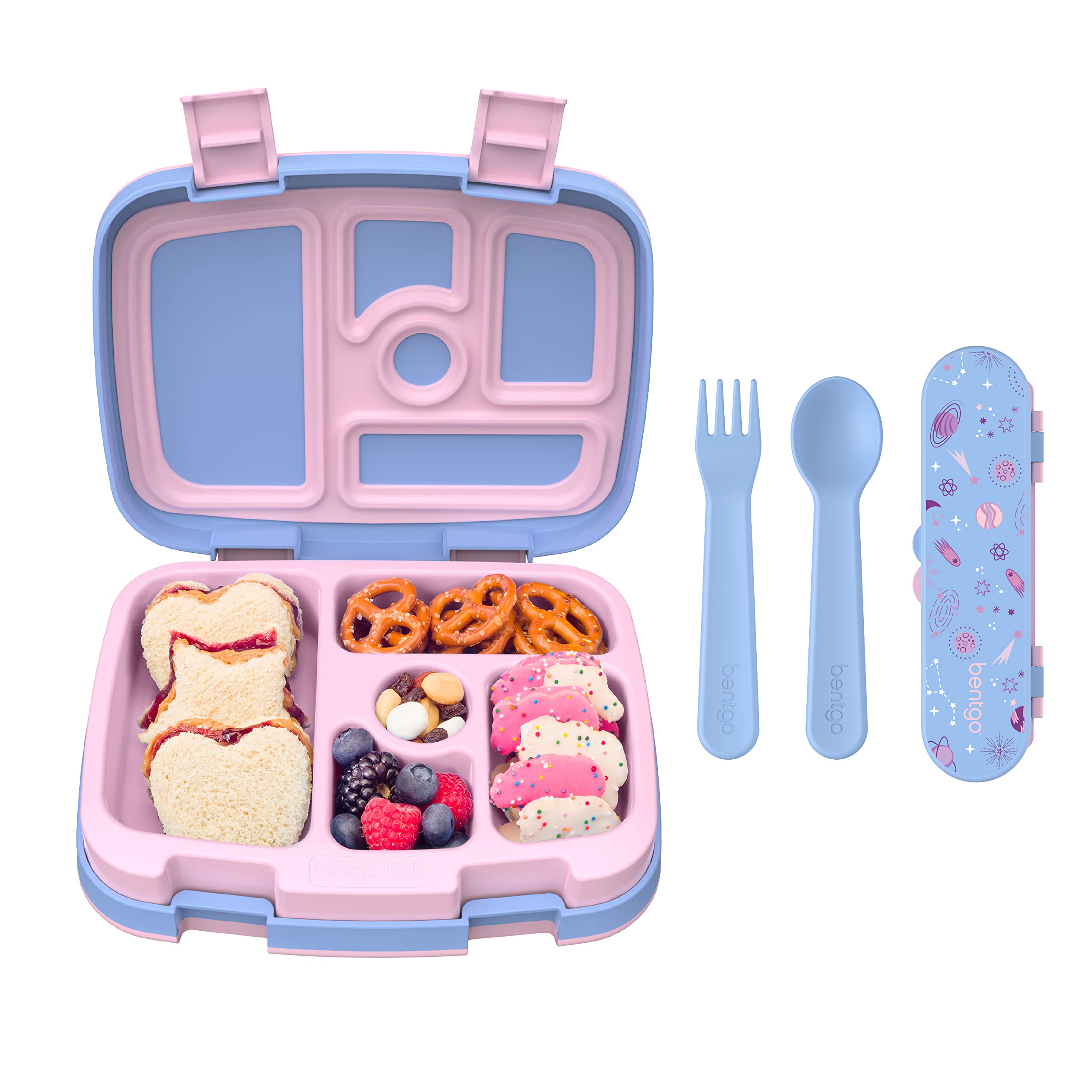 Bentgo® Kids Prints 5-Compartment Bento-Style Kids Lunch Box Set with Reusable Plastic Utensils (Lavender Galaxy)